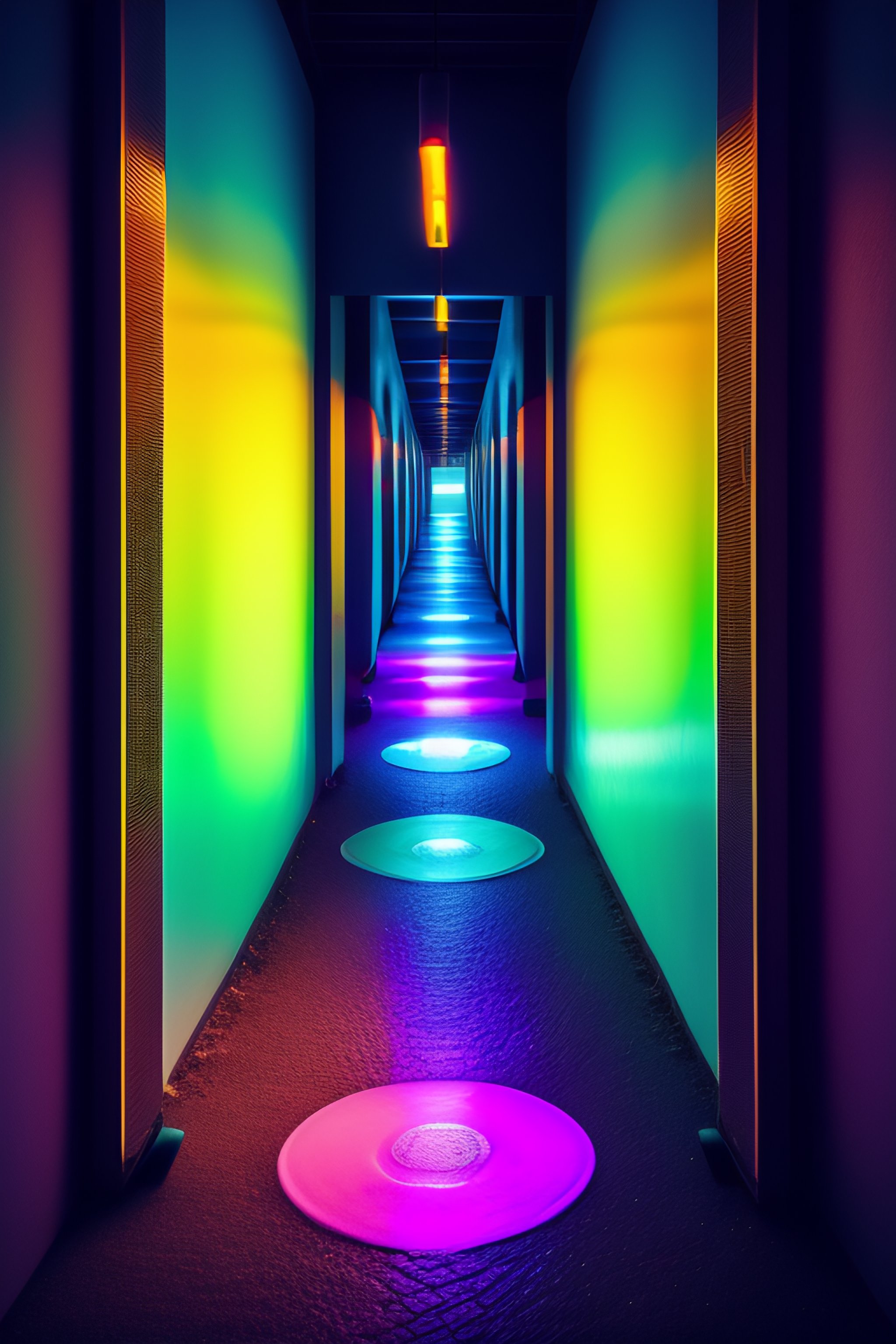 Lexica - A dark concrete hallway with trippy neon paths