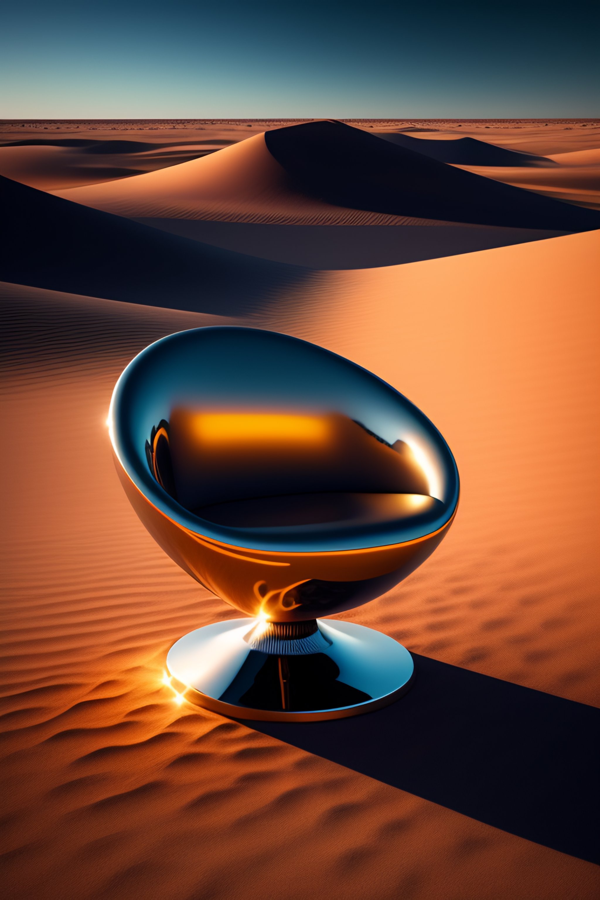 Lexica - Chrome cyber chair, glowing reflections, desert walk ...