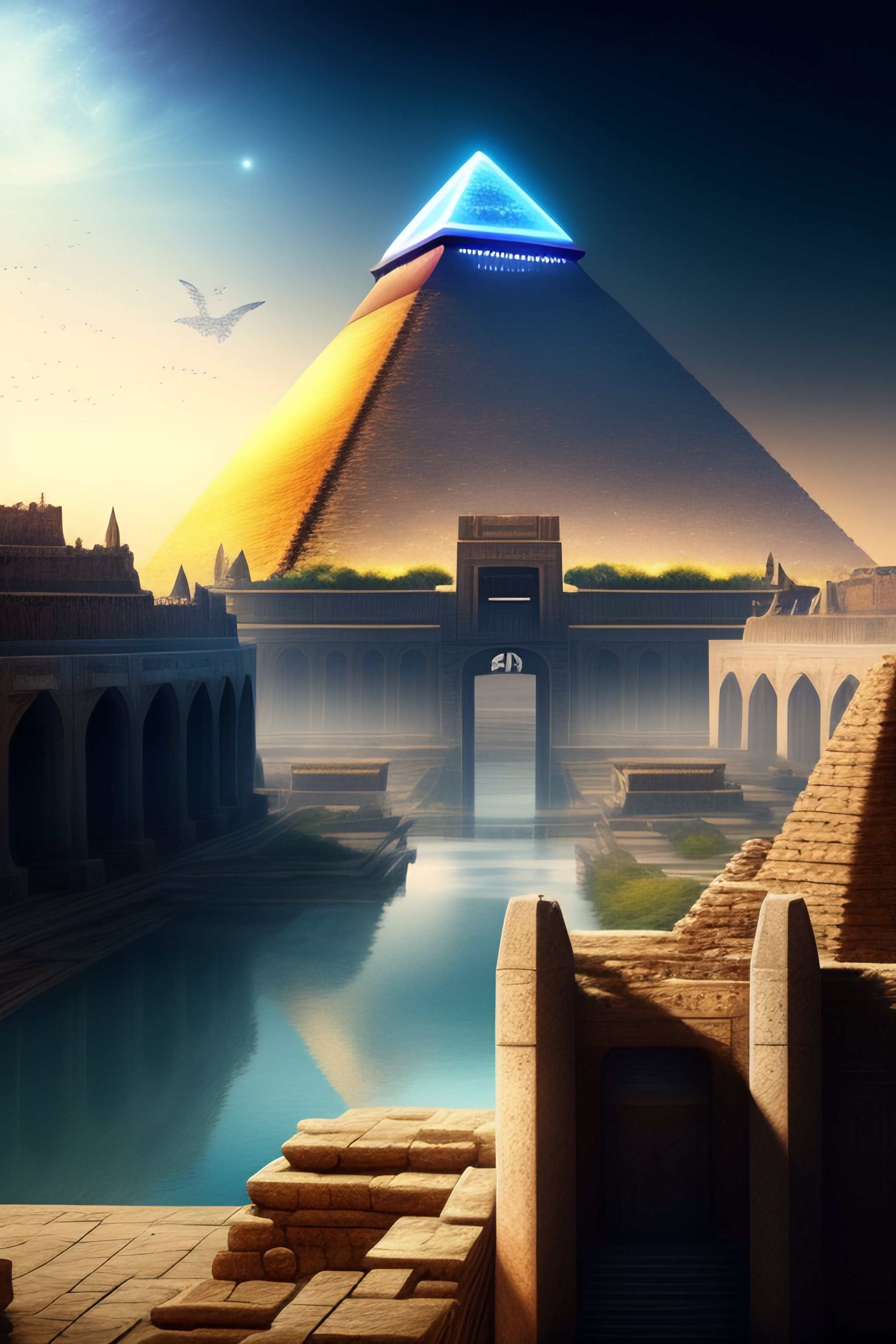 Lexica - A distant view of a single white glowing magical great pyramid ...