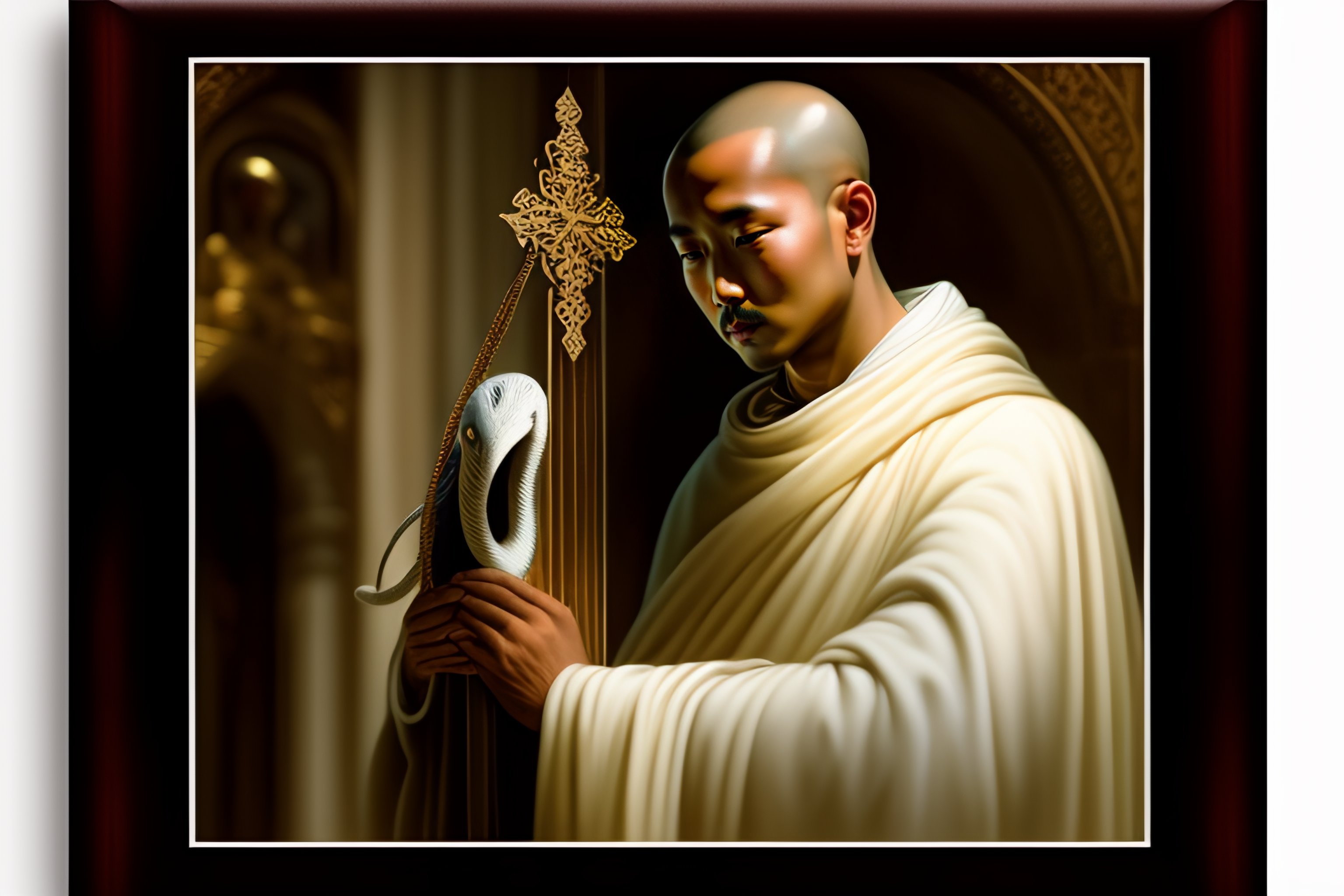 Lexica - White Monk in dark robes hold a white snake on the cross