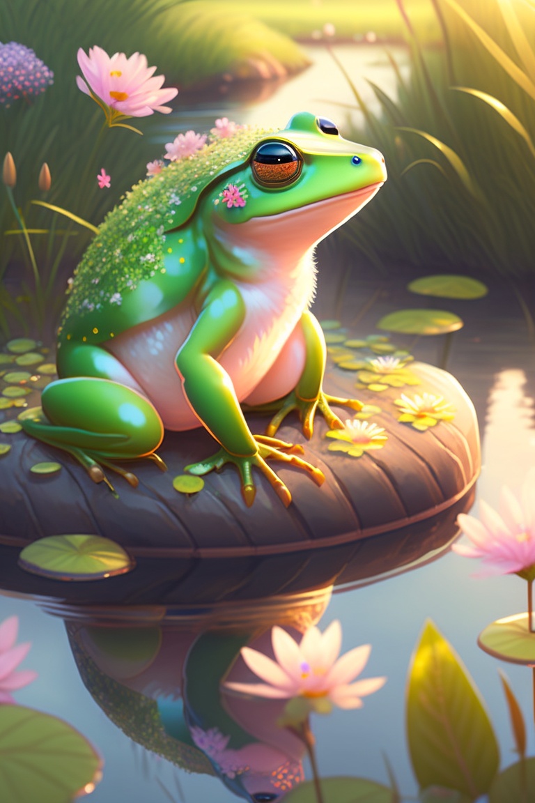 Lexica - Cute little frog in the swamp filled with flowers, dreamy ...