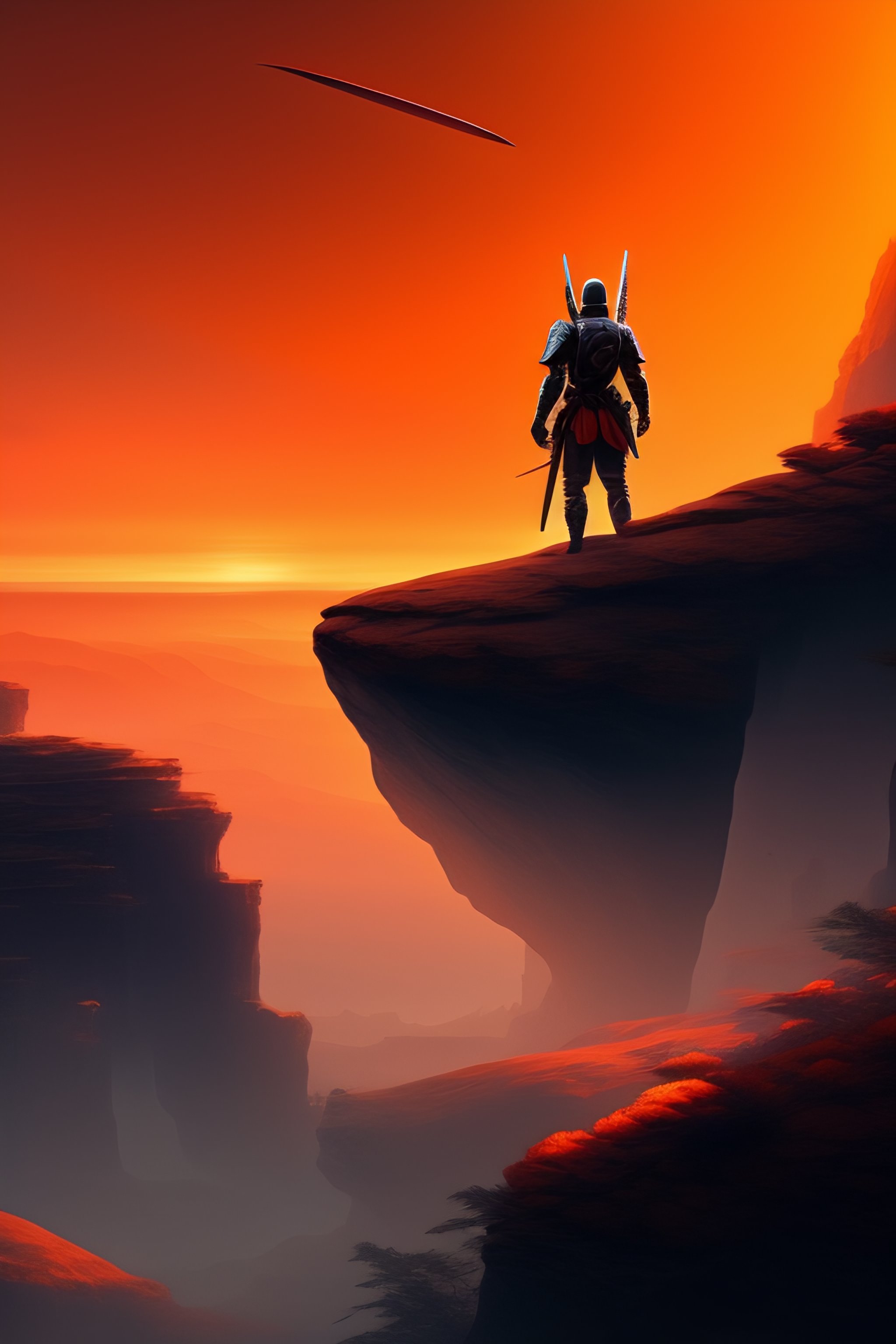 Lexica - A wide Landscape image with an orange ninja crouching with a ...