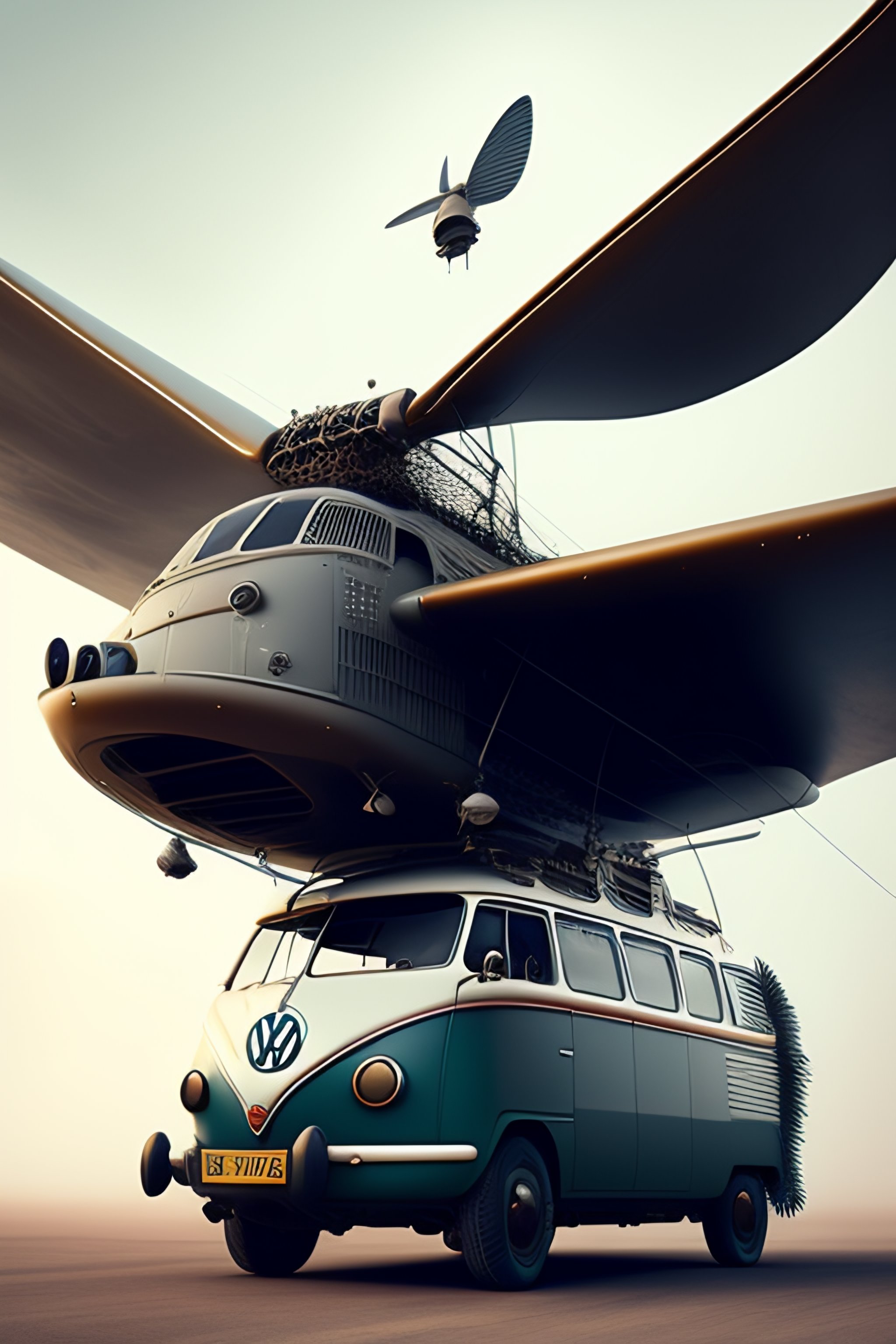 Lexica - Vw type 2 bus flying flapping wings over the sky ...