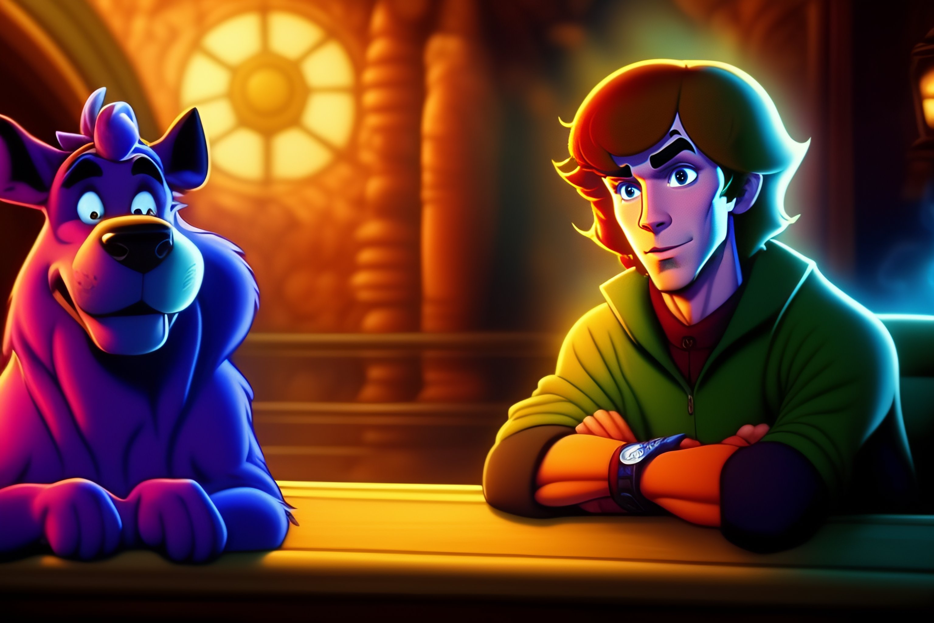 Lexica - A beautiful photo of Scooby-Doo and Shaggy being scared by a ghost