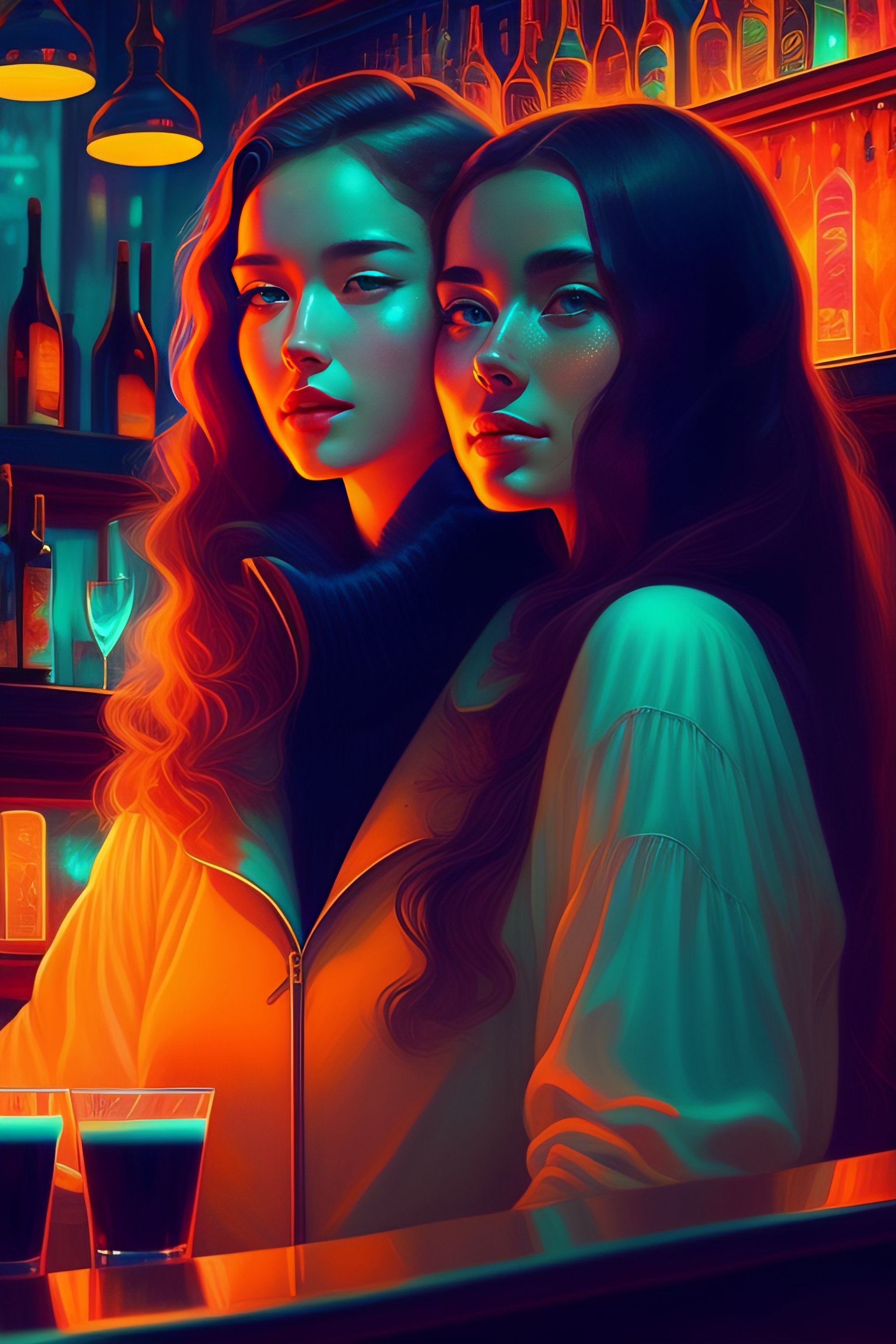 Lexica - Two beautiful european young girls at a bar holding hands ...