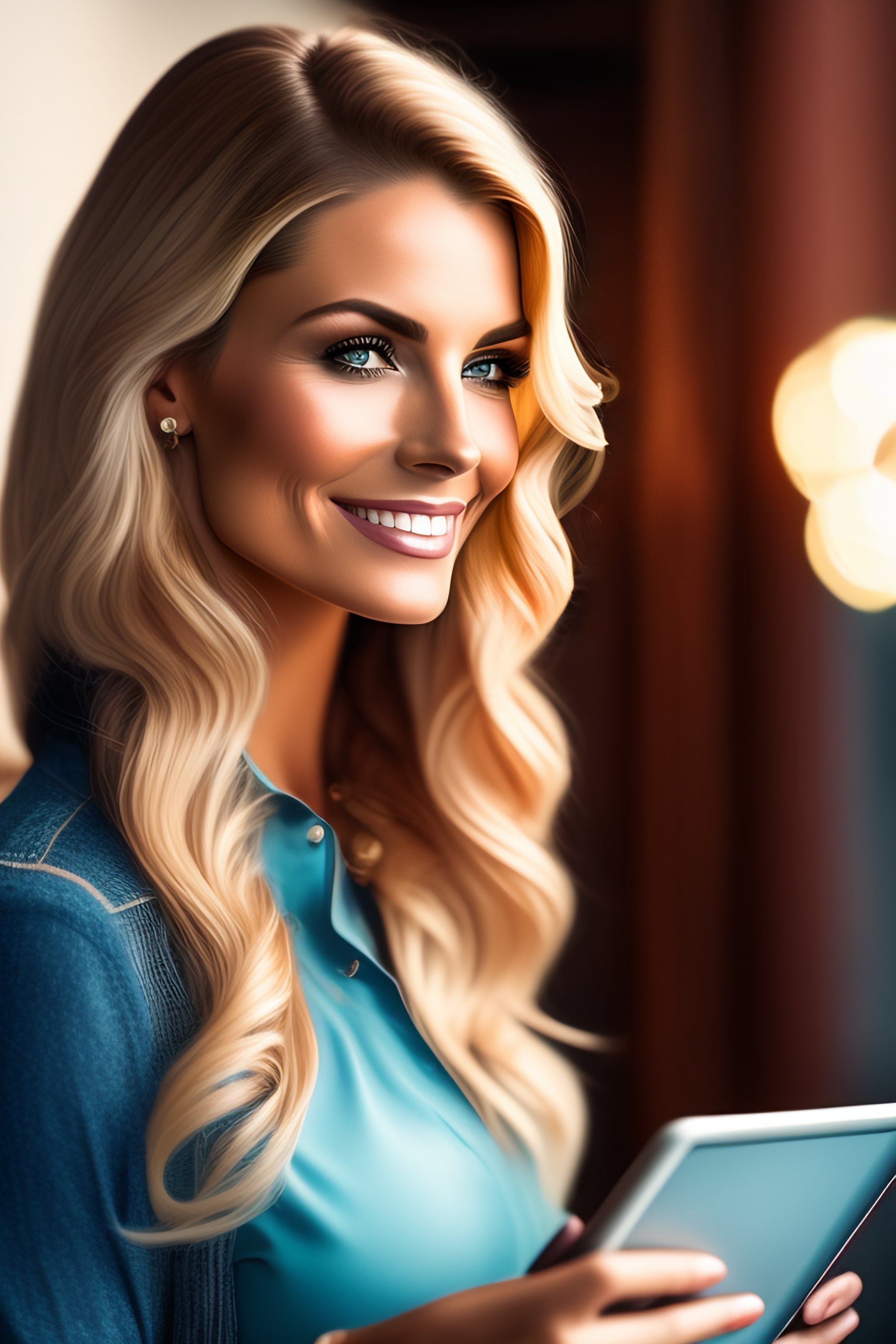 Lexica - A pretty woman holding a tablet exploring events online