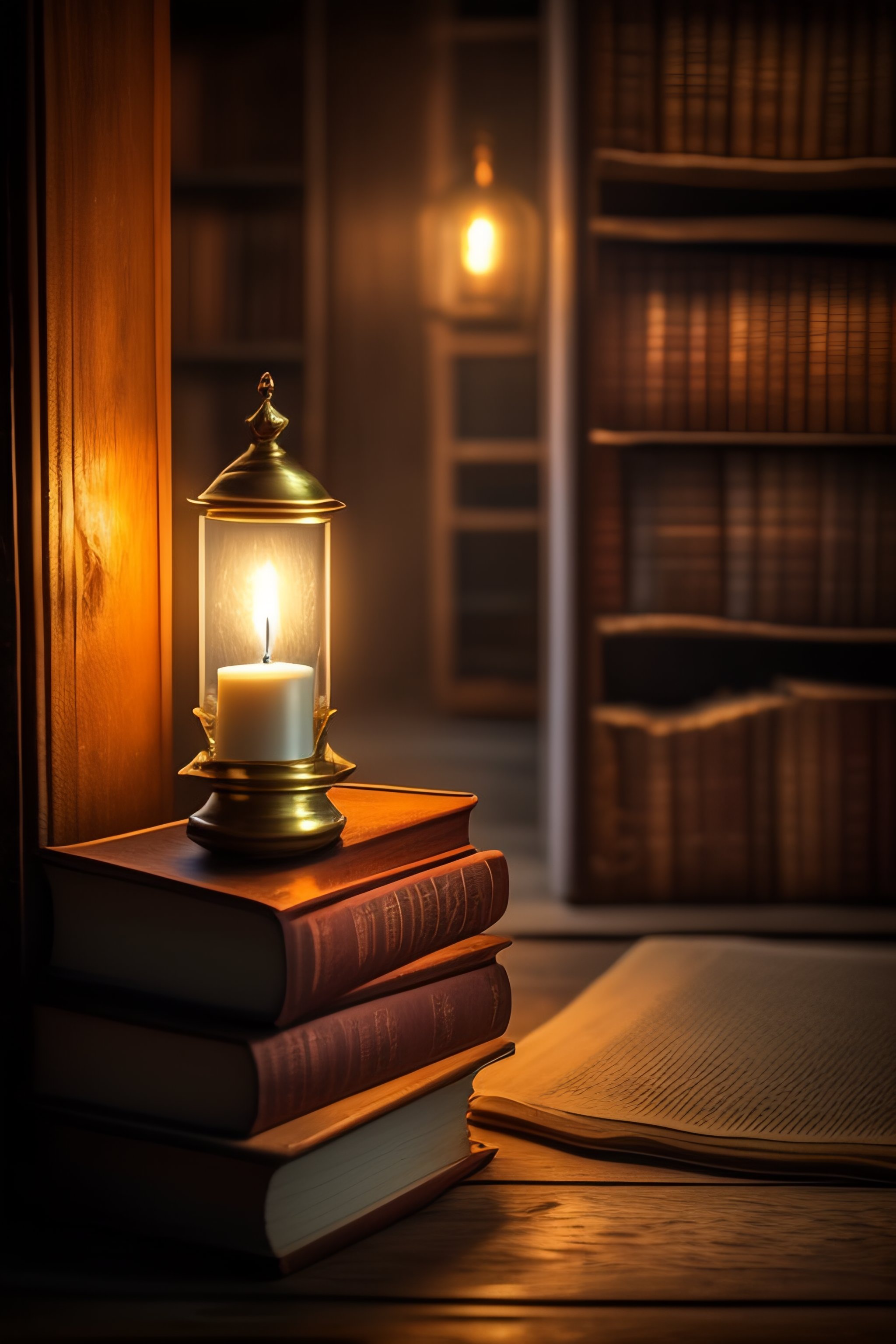 Lexica - Old bookstore, dusty, candlelit, rustic, metal brass,
