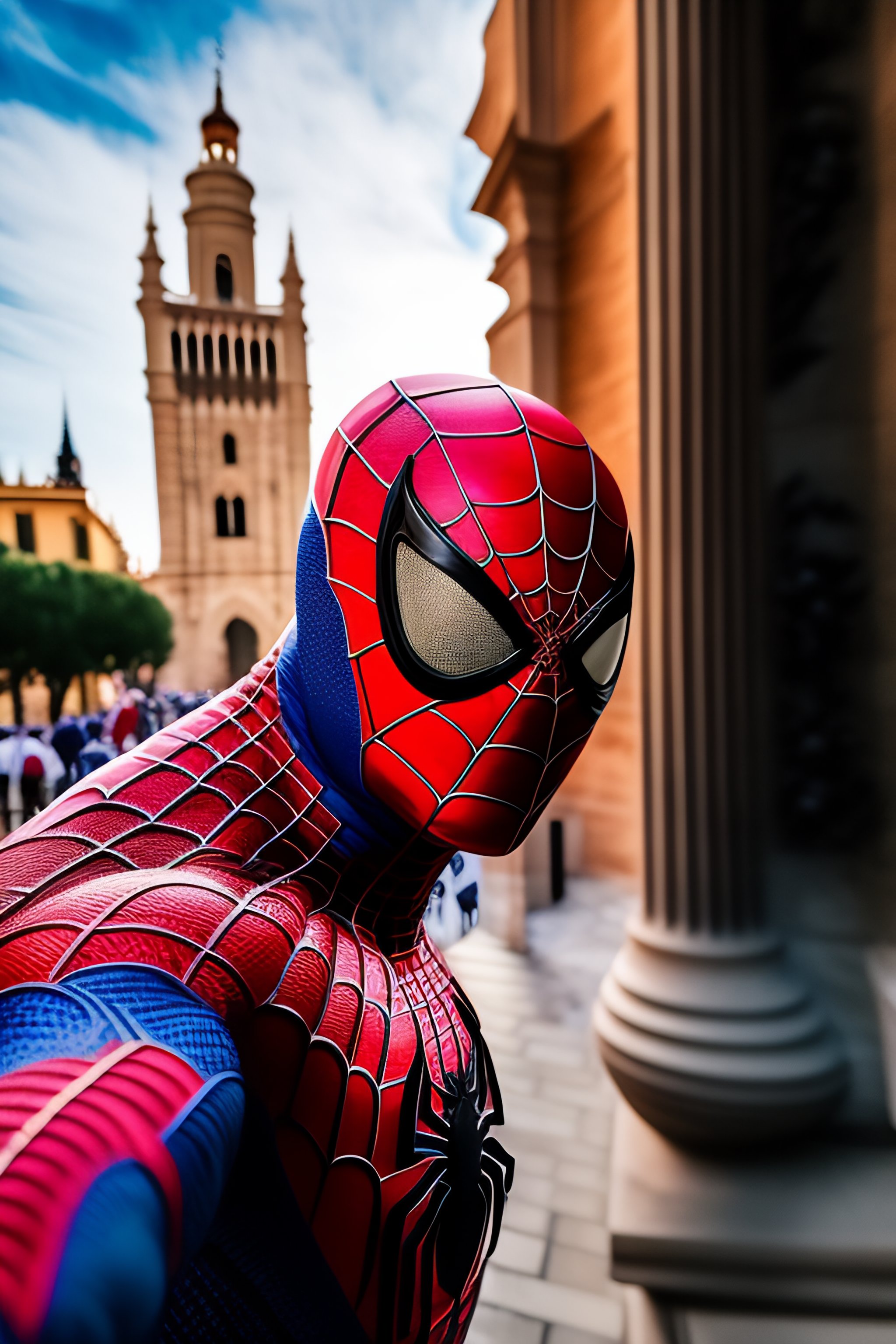 Lexica - Spiderman taking a selfie in the Giralda monument in Seville ...
