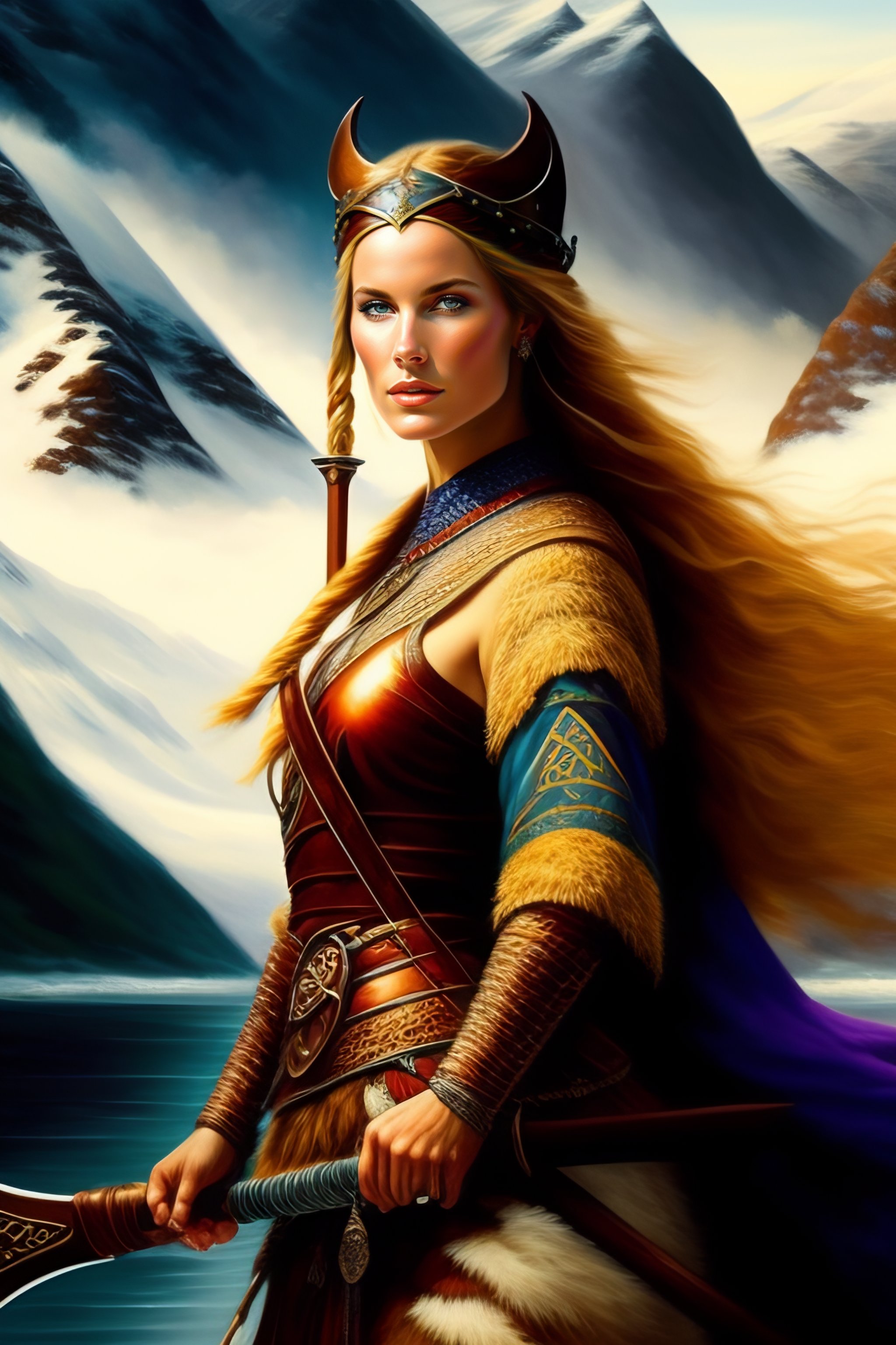 Lexica - Beautiful Viking woman with a sword, oil paint, in the style ...