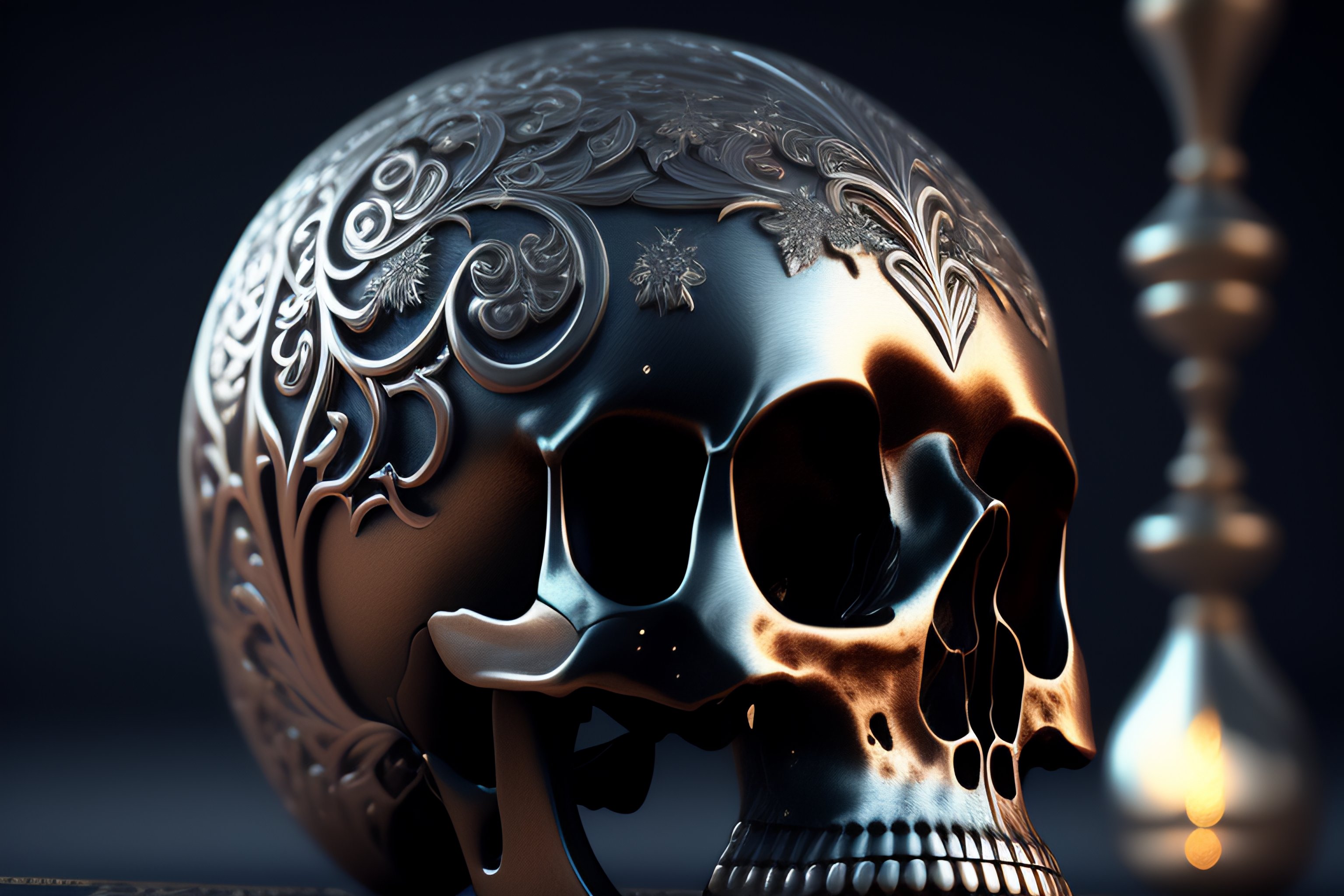 Lexica - A skeleton with intricate silver ornament engravings on the ...