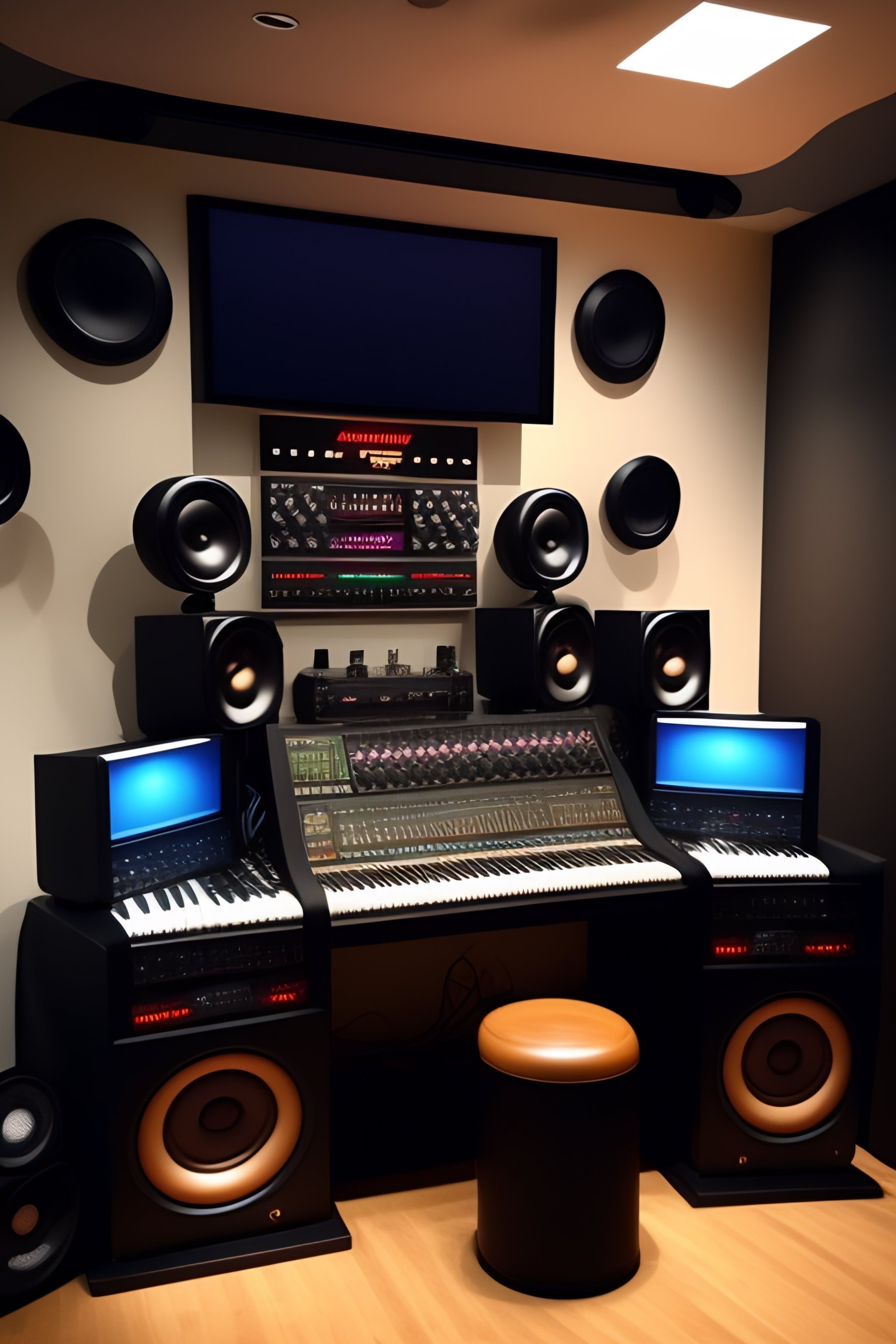 Lexica - Hip-hop music producer studio in 2030 with KMG on the wall