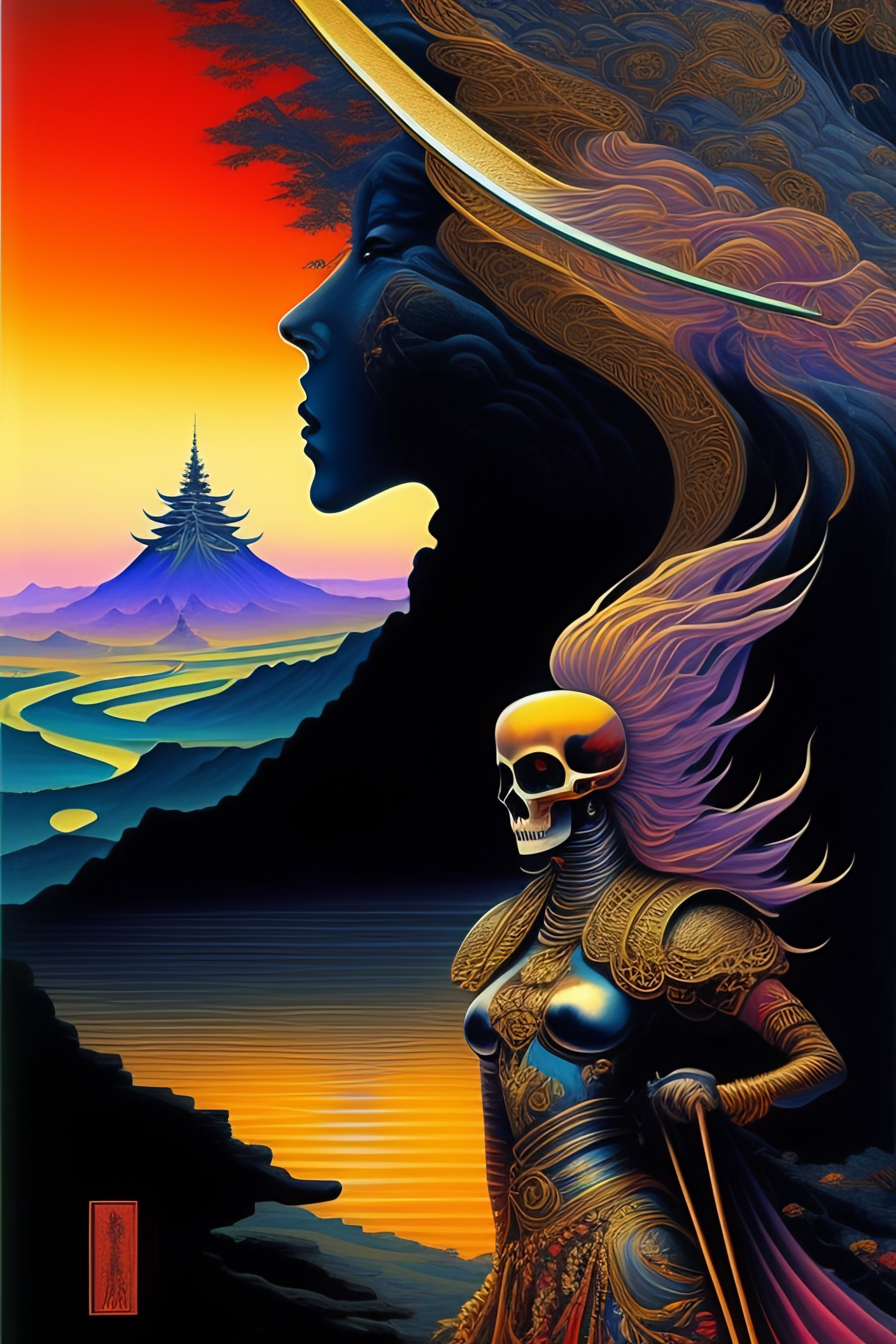 Lexica - Surrealism art 80's, hill with a river flowing cave, skull of ...
