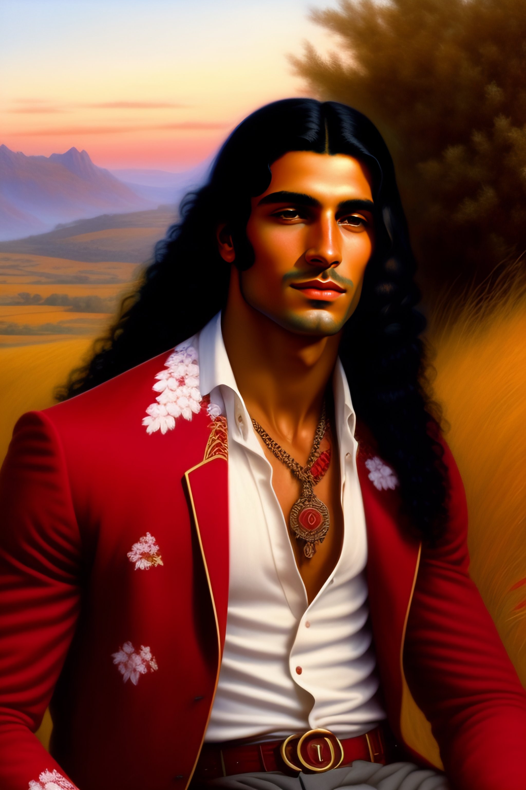 Lexica - A beautiful romani young man with long black hair in cotton red shirt with white flower ...