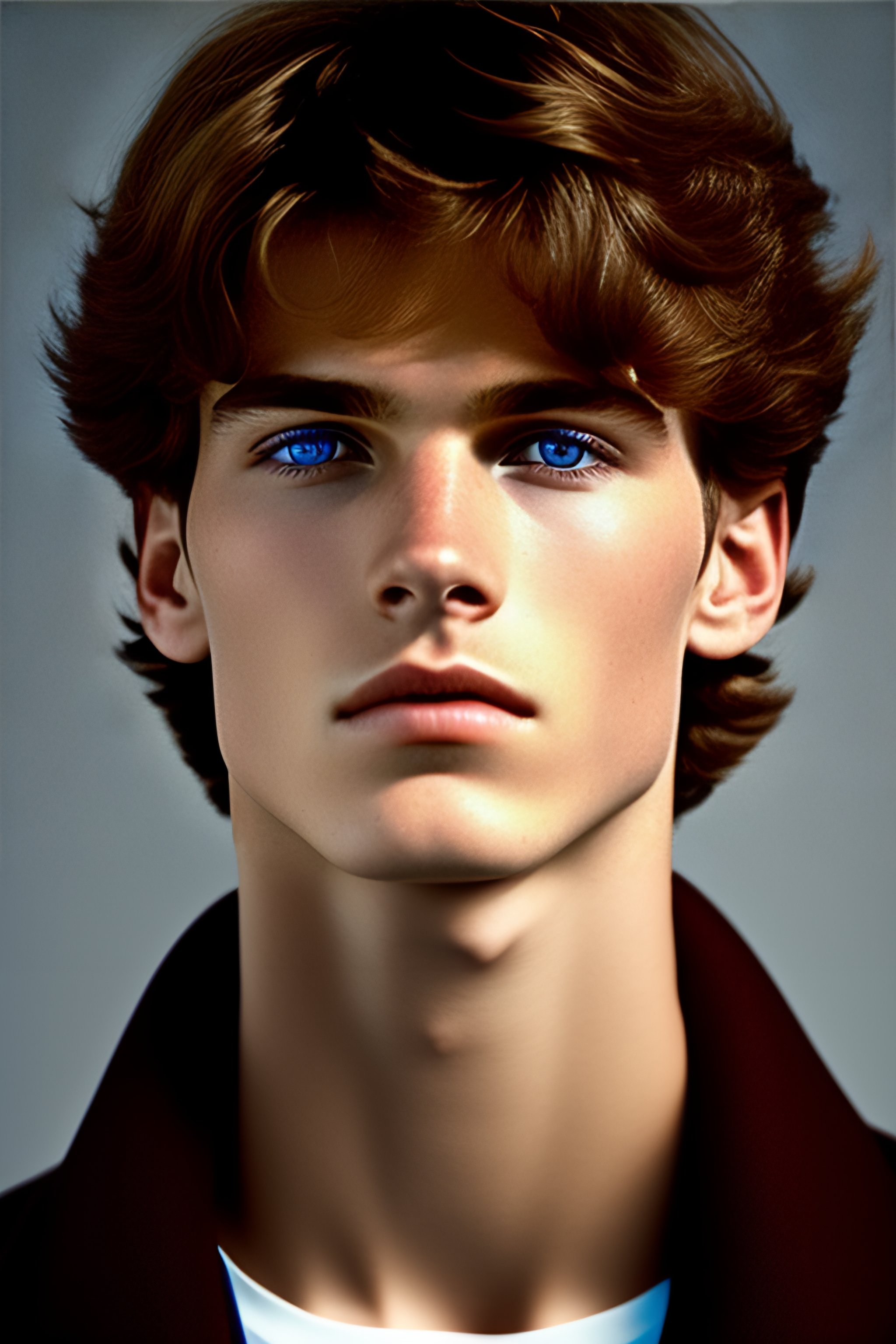 Lexica - Close-up photo of a 18 years old man wth brown hair and blue eyes.