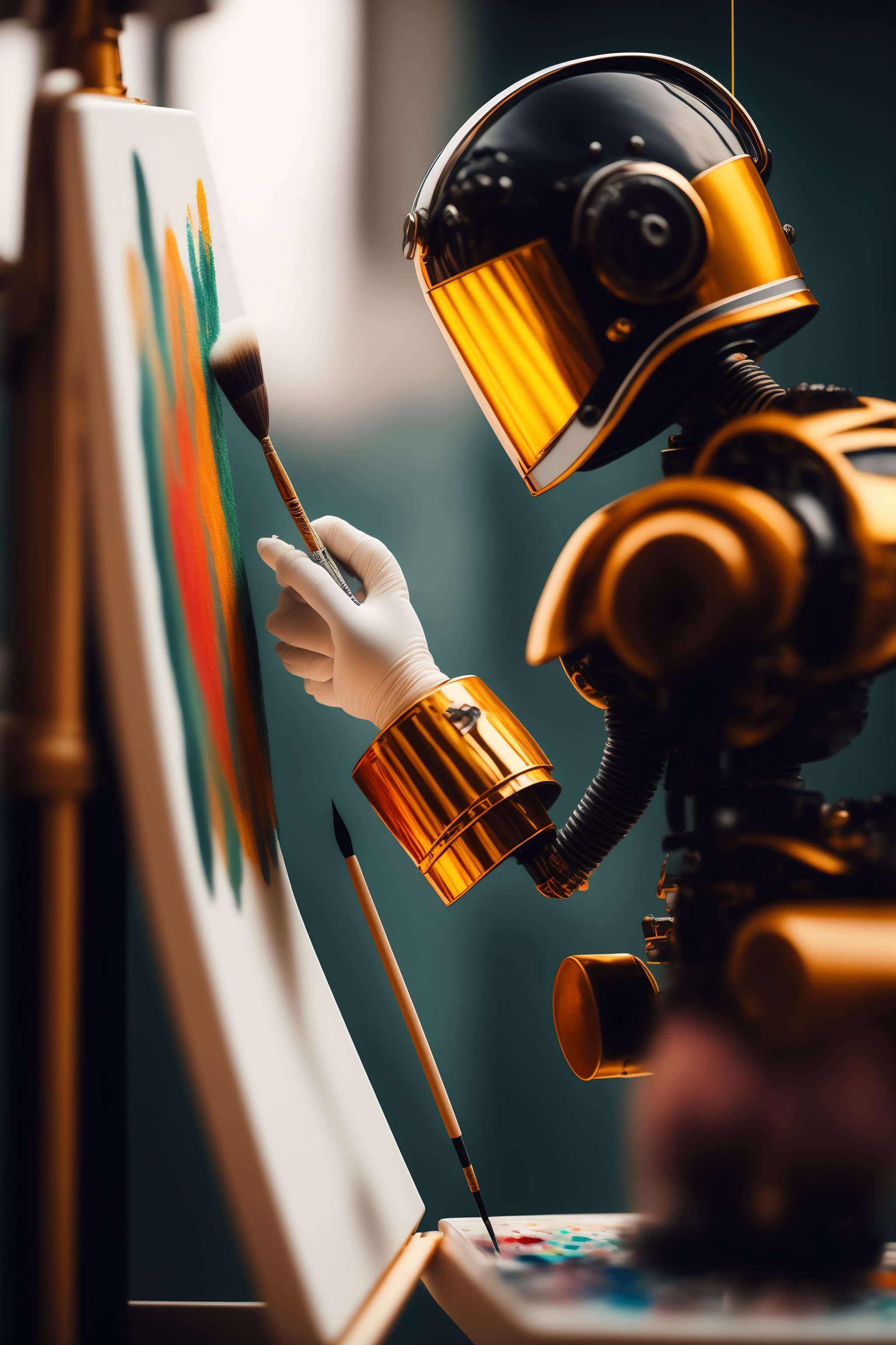 Lexica - An artist robot holding a paintbrush is painting a masterpiece