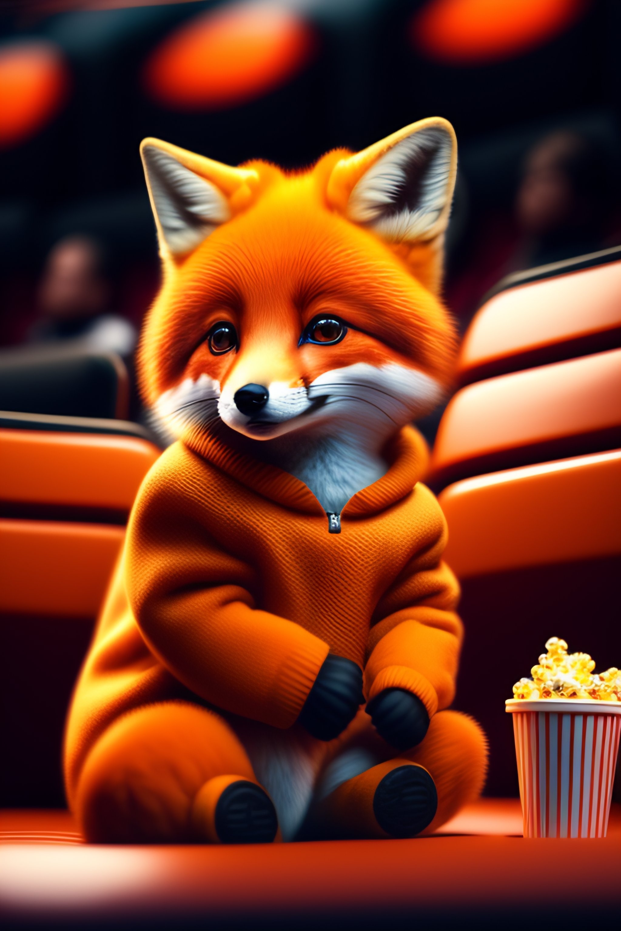 Lexica - Cute small humanoid baby fox sitting in a movie theater eating ...