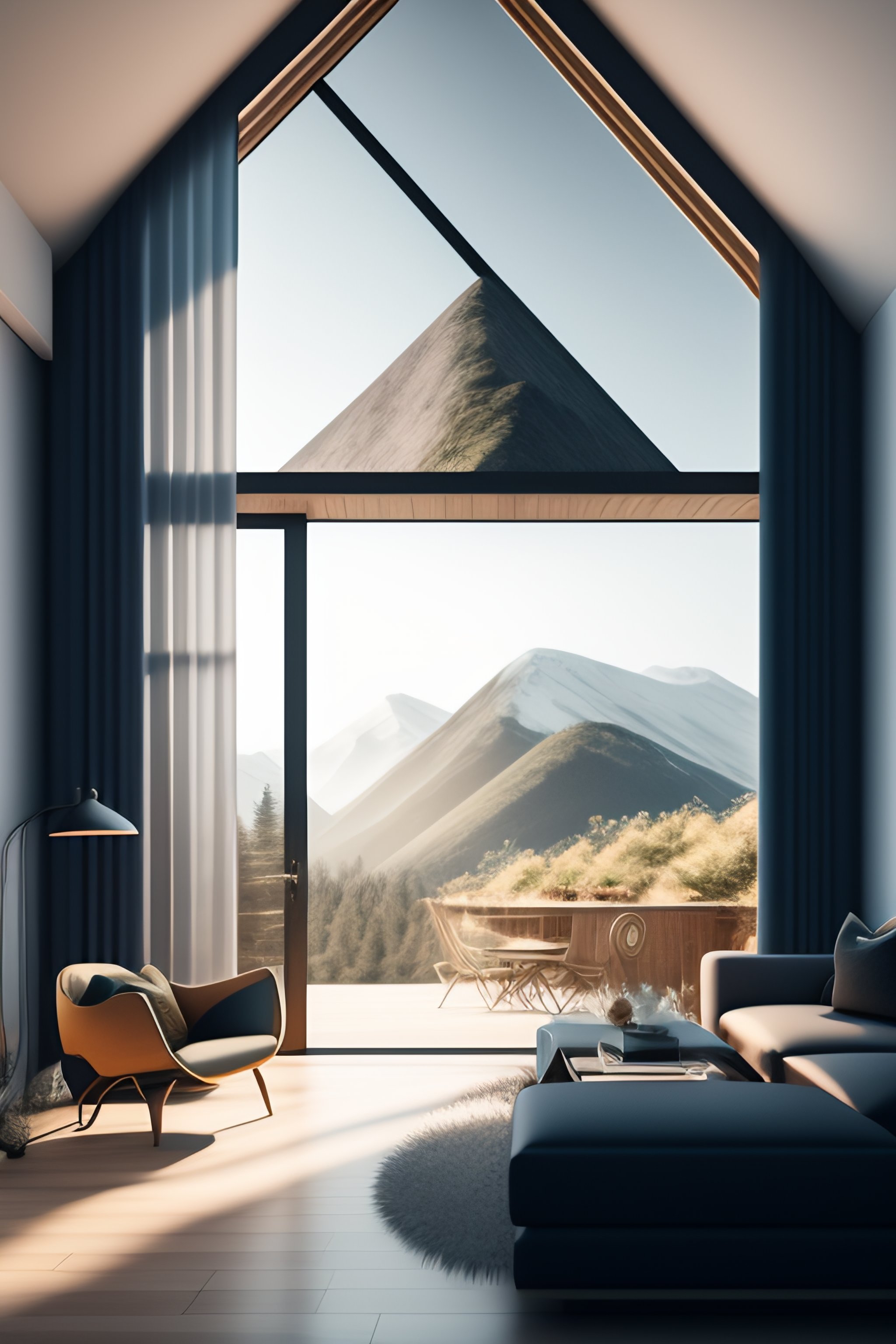 Lexica - Realistic, modern living room with big triangle windows and a ...