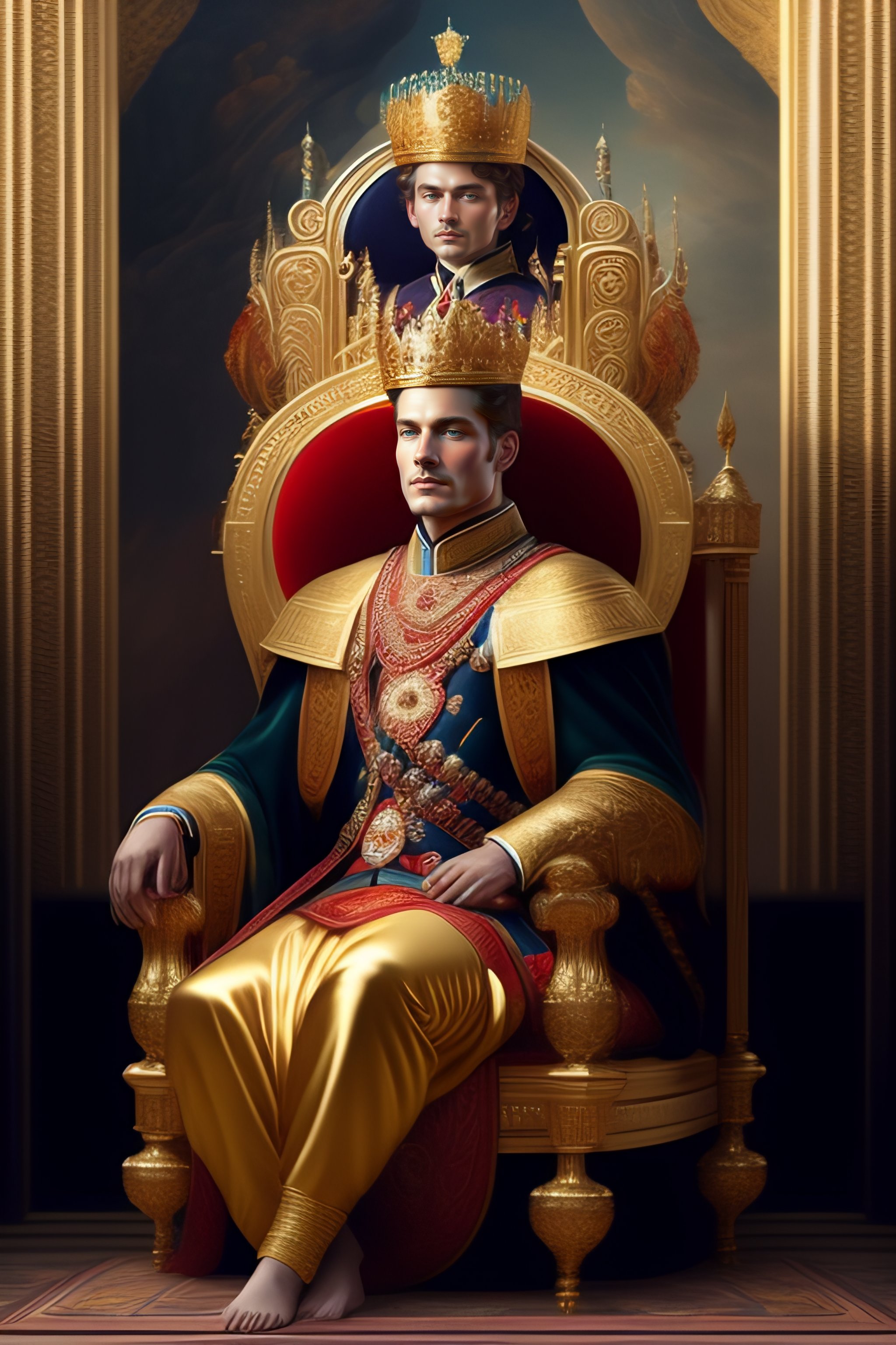 Lexica - Renascentist king on palace seatted on throne with a tiger and ...