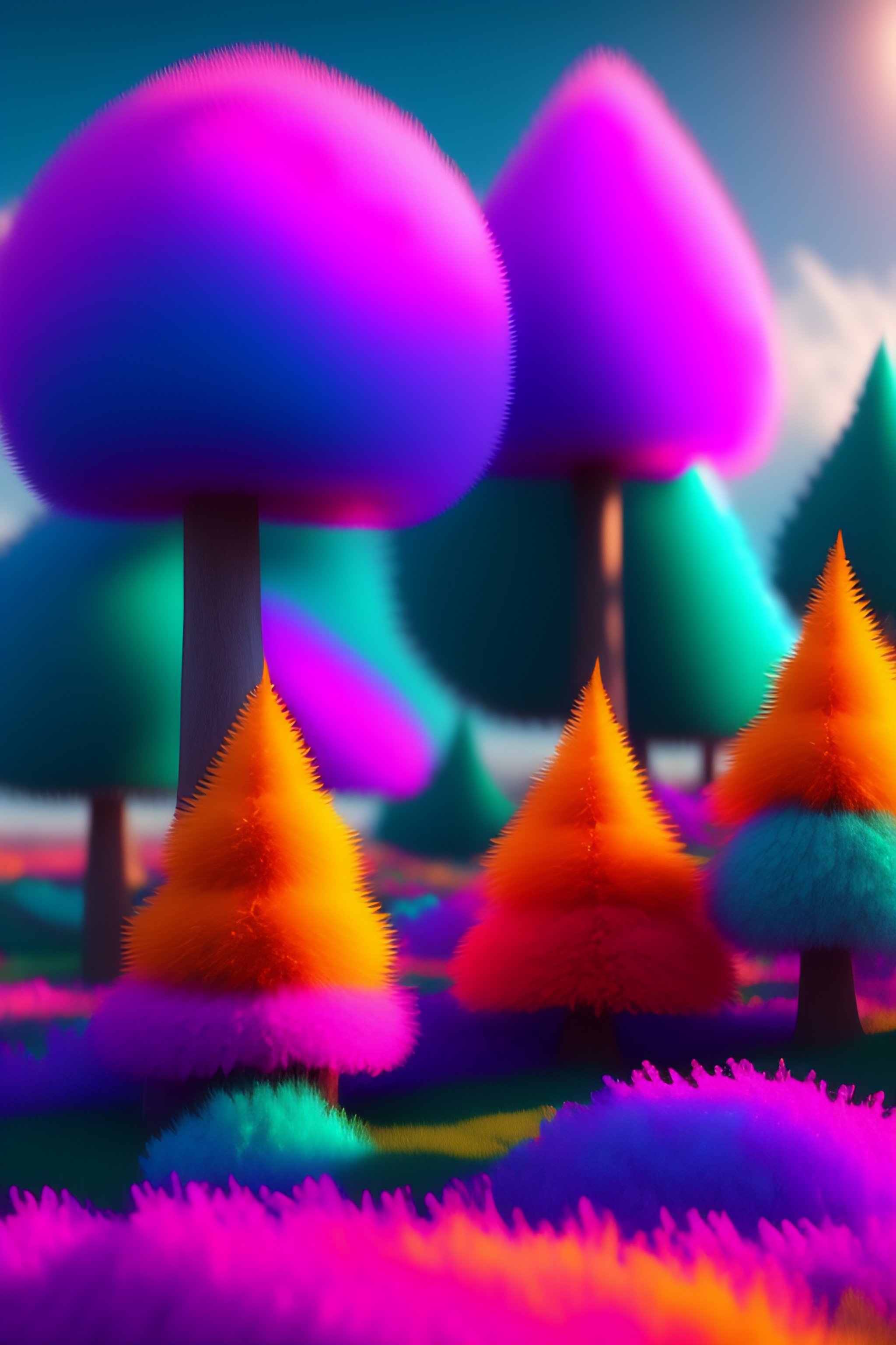 Lexica - Colorful fluffy trees made of fur in a field, Blender render ...
