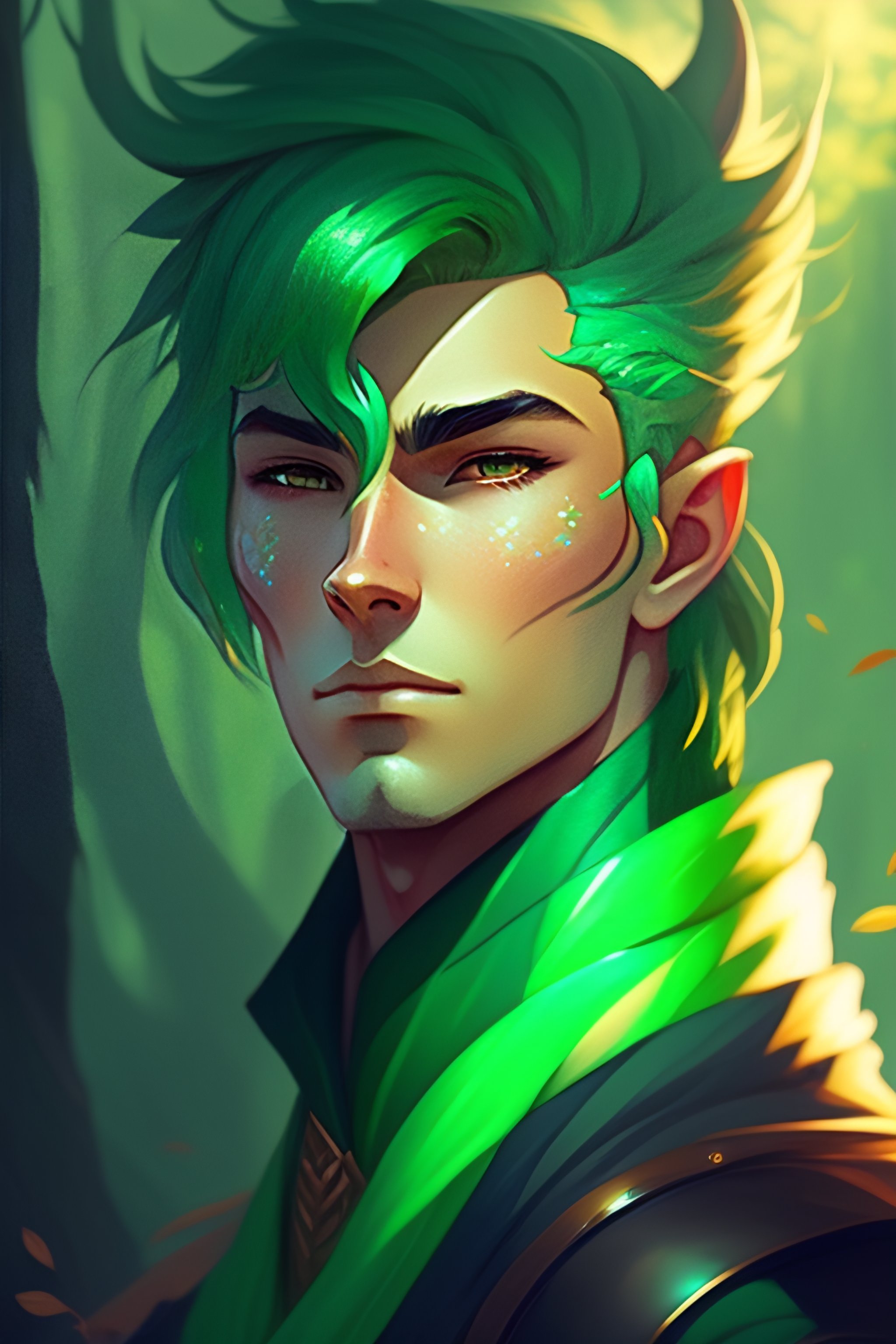 Lexica - Young beautiful male boy forest spirit, elven, green hair ...