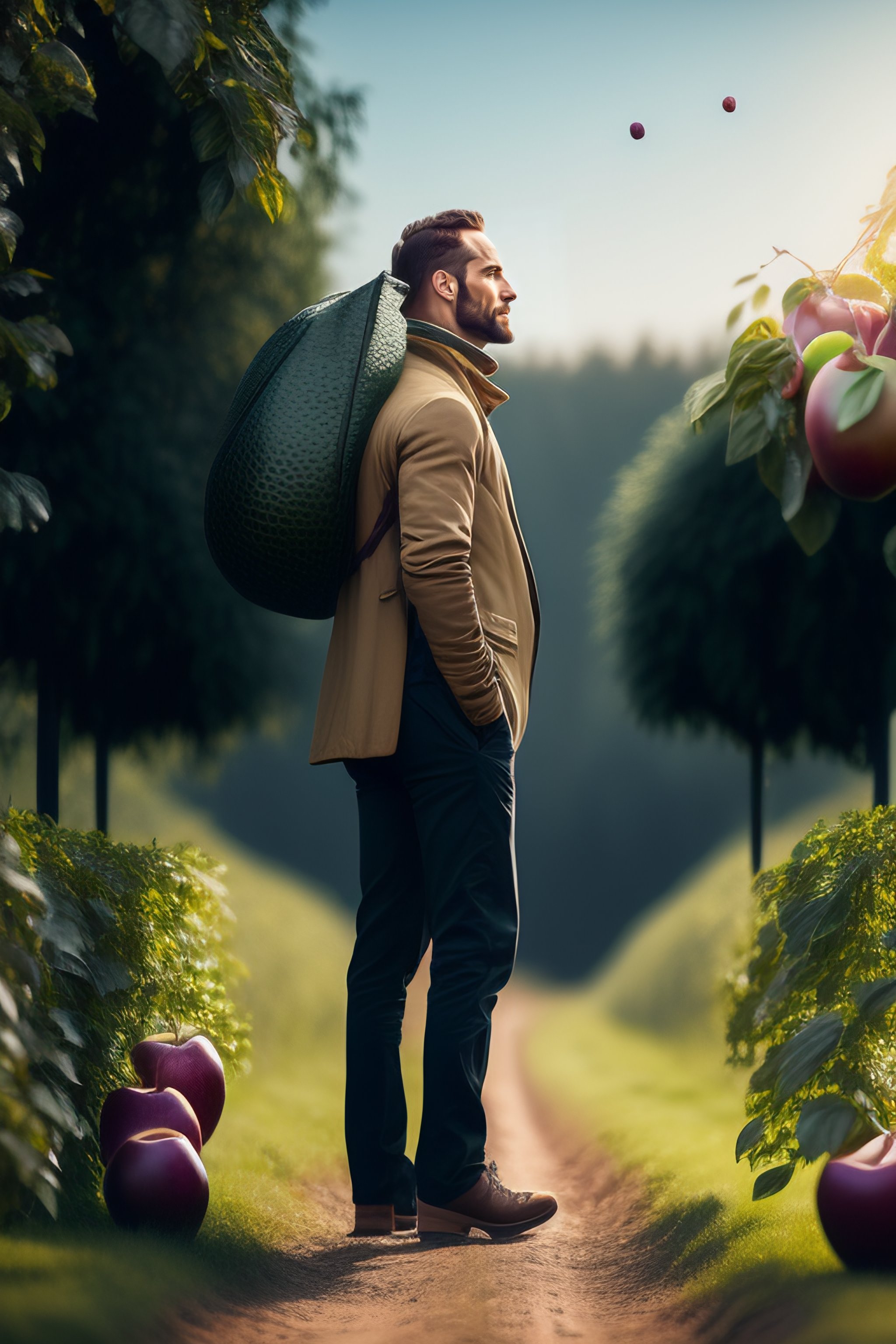Lexica - Man standing on a lether collecting fruits from an apple-tree