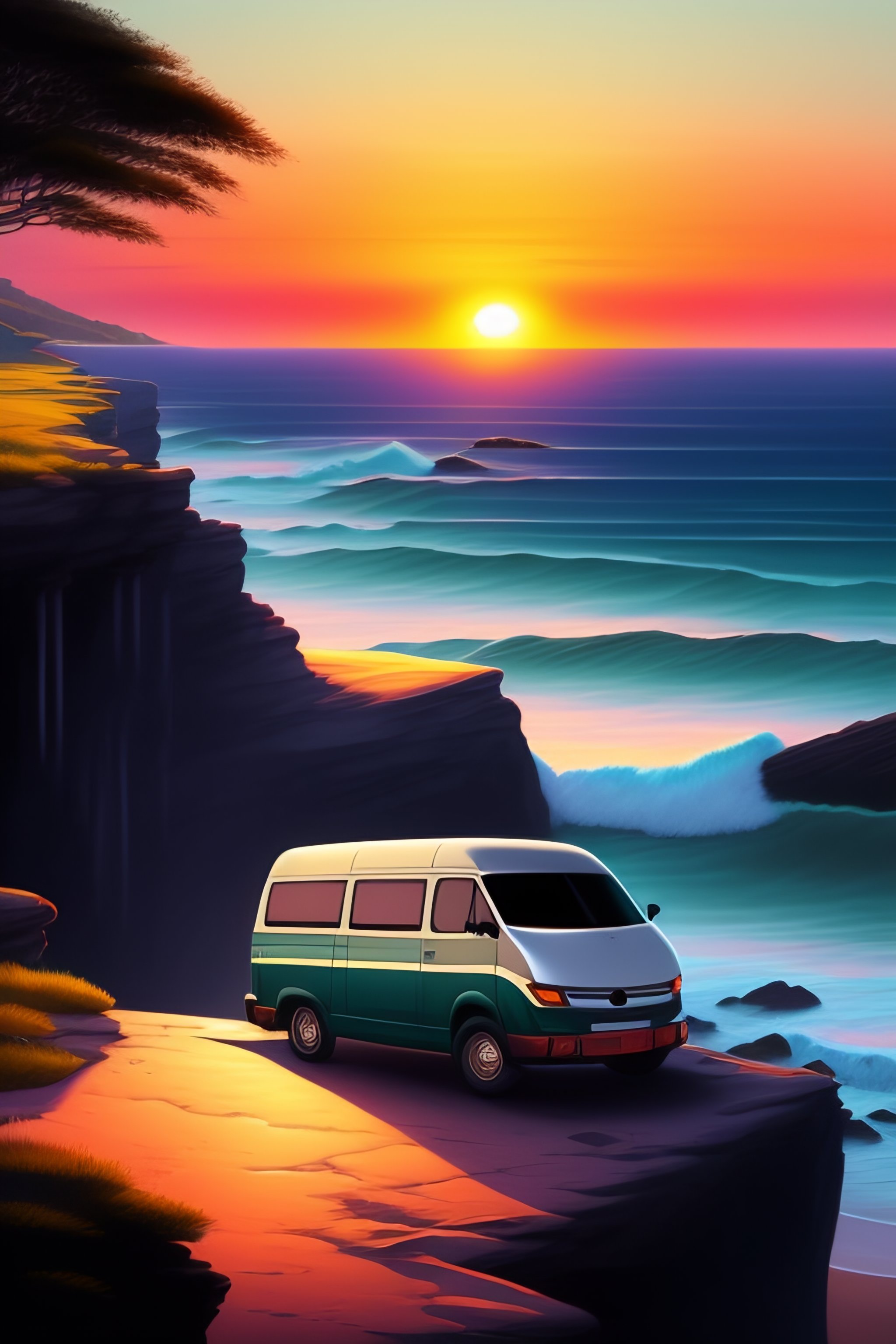 Lexica - A van on the edge of a cliff with a sunset over the sea, comic art