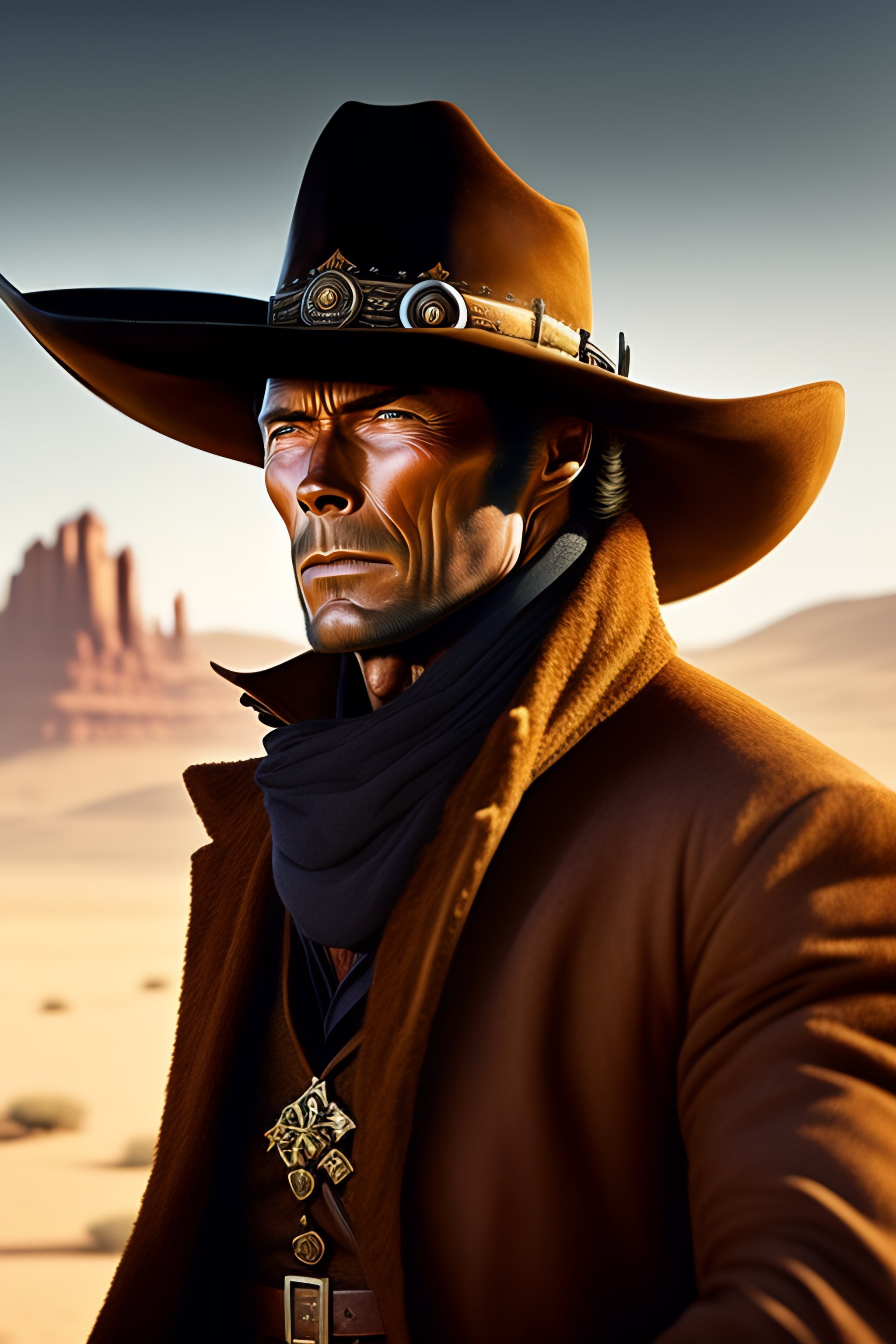 Lexica - Clint eastwood portrait shot of a western cowboy firing a ...