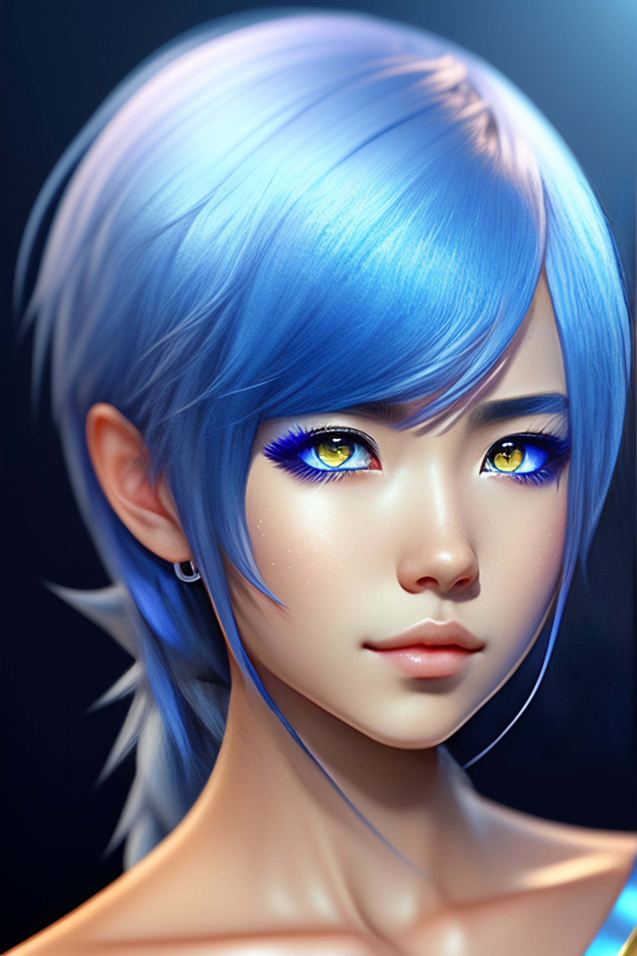 Lexica - Portrait of an anime character hyper realistic blue hair gold eyes