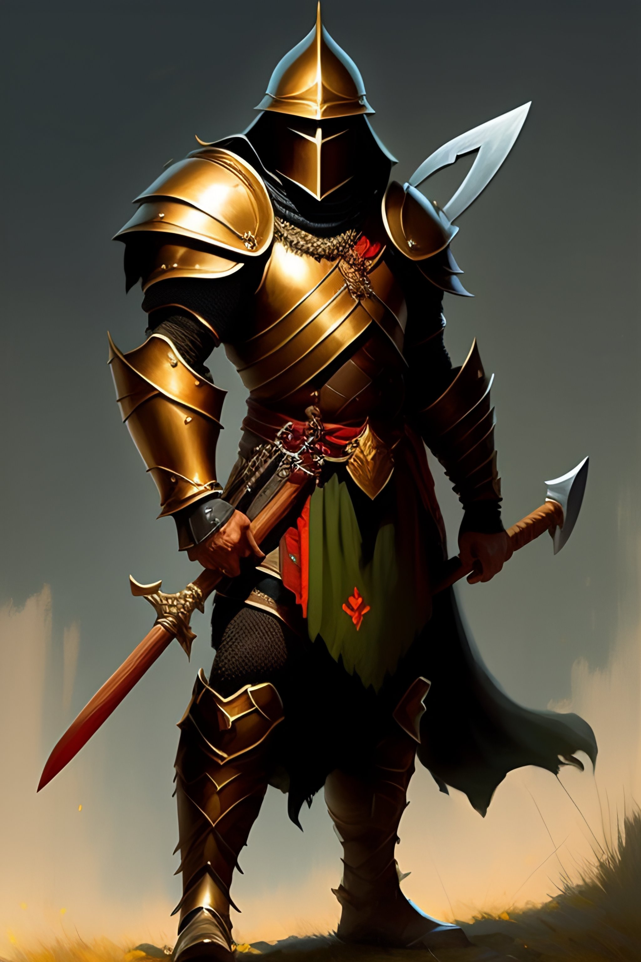 Lexica - A knight in hide armor holding an axe, leaning against an axe ...
