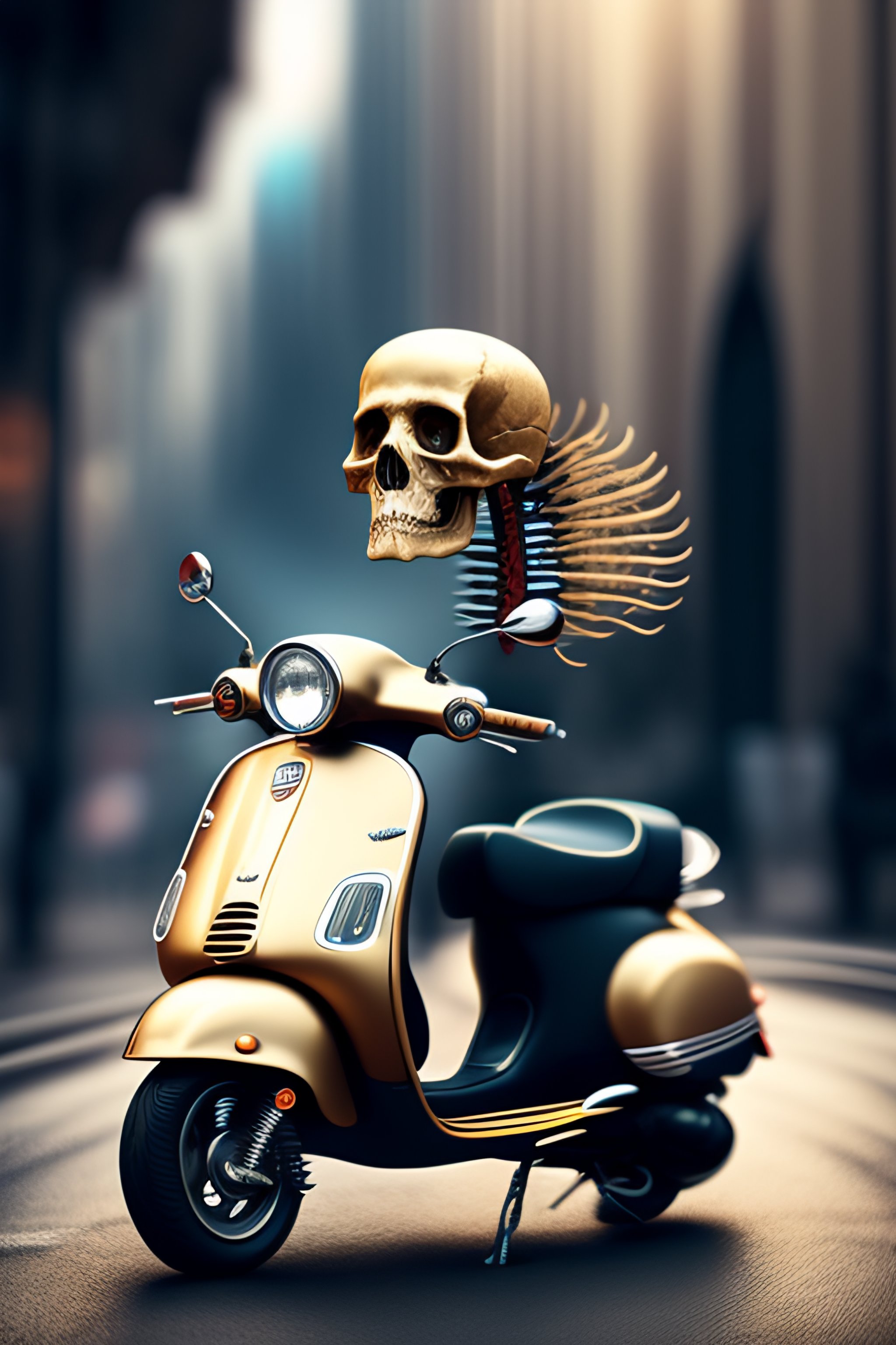 Lexica - Skitz of a human skeleton on a moving vespa