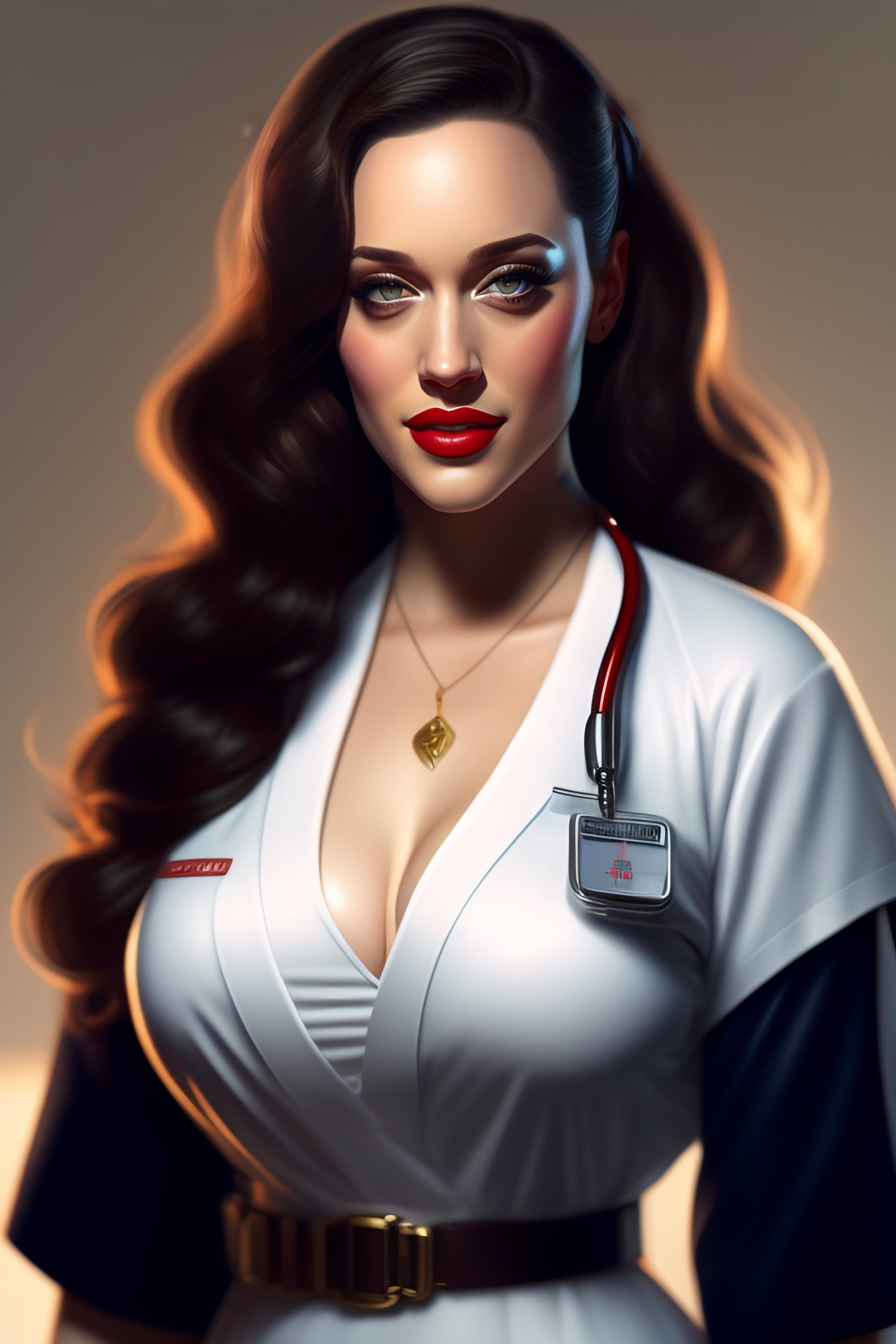 Lexica - A portrait of a Kat Dennings in a low cut outfit as a sexy nurse in a hospital by Ruan ...