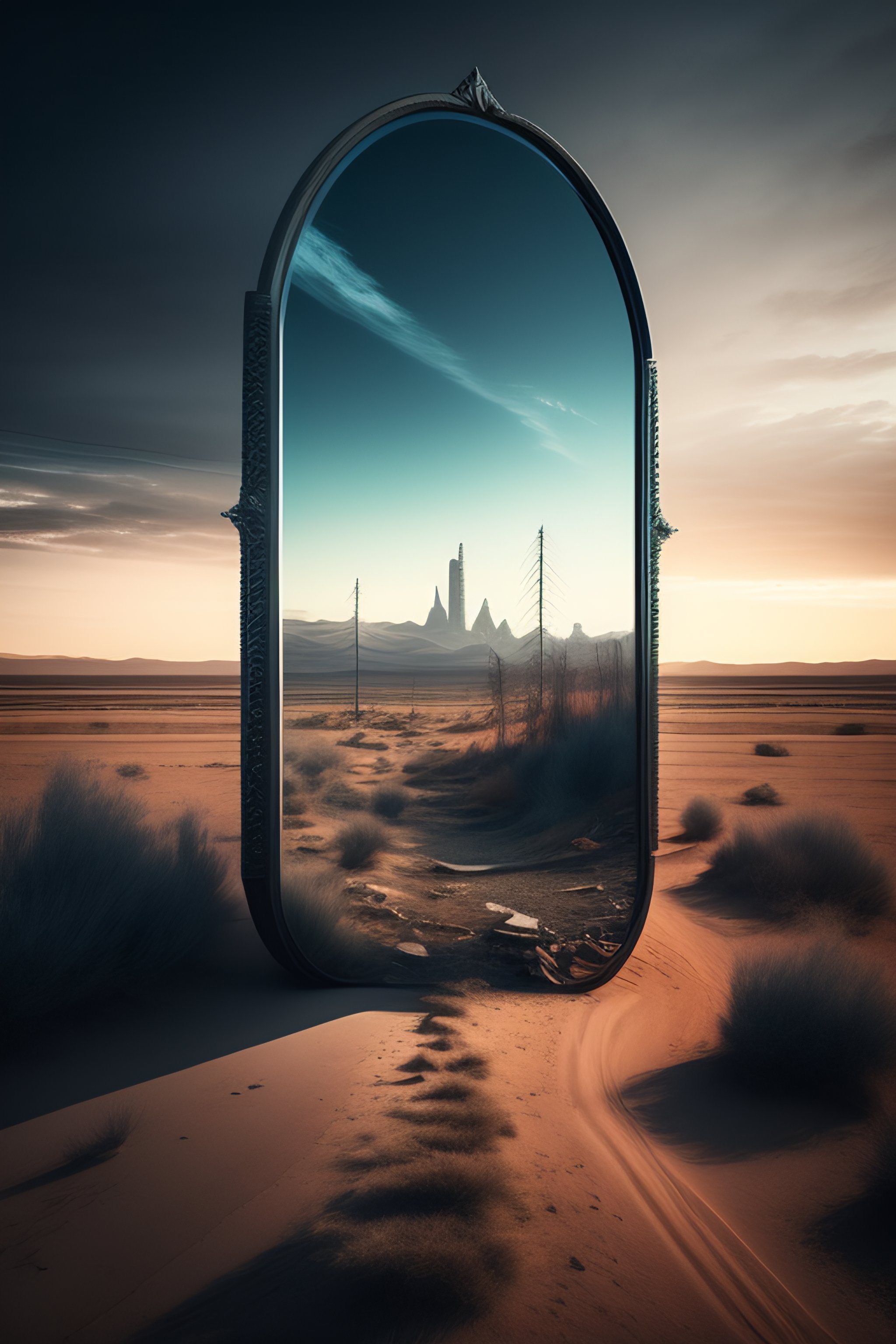 Lexica - Massive sinister broken mirror looming over a post-apocalyptic ...