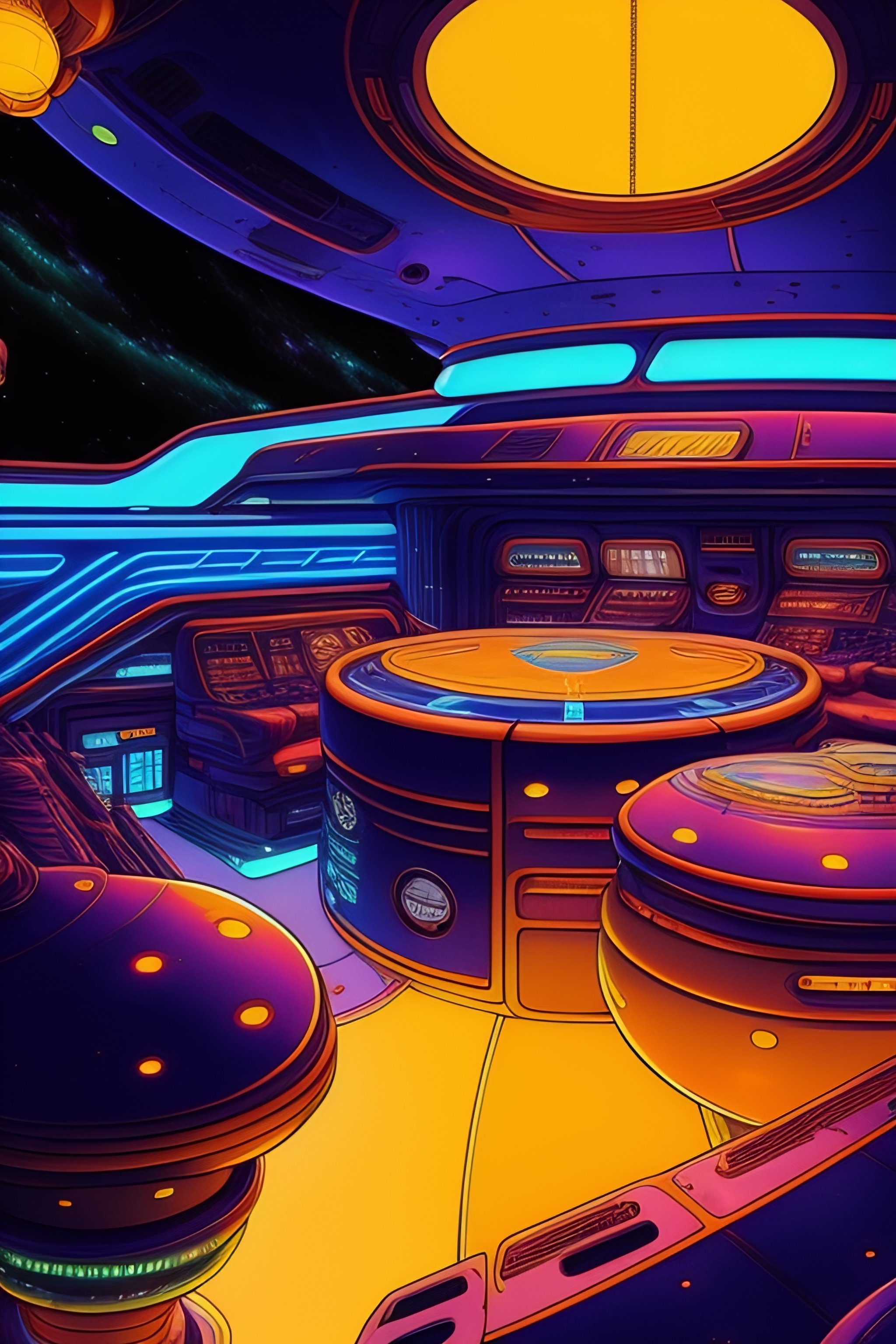 Lexica - Vintage 90's anime style. cluttered starship interior; crew ...