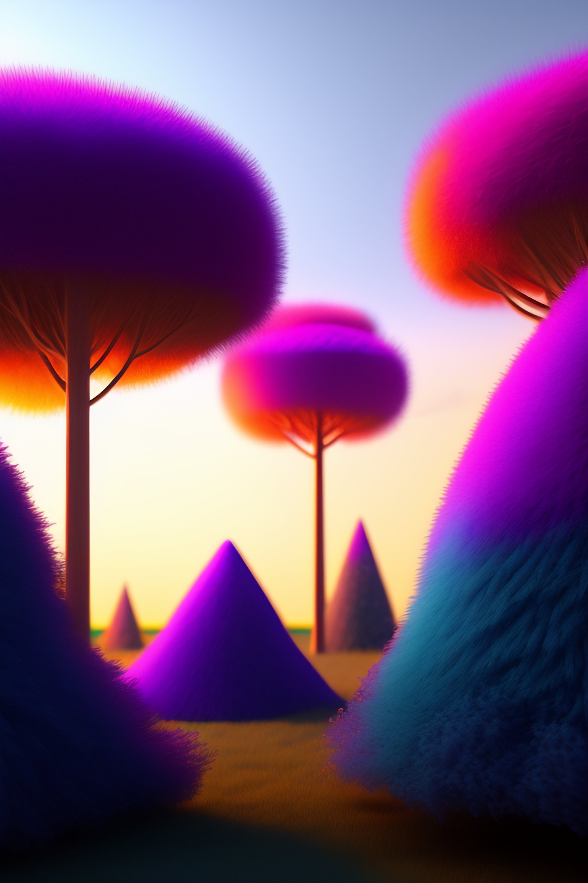 Lexica - Colorful fluffy trees made of fur in a field, Blender render ...