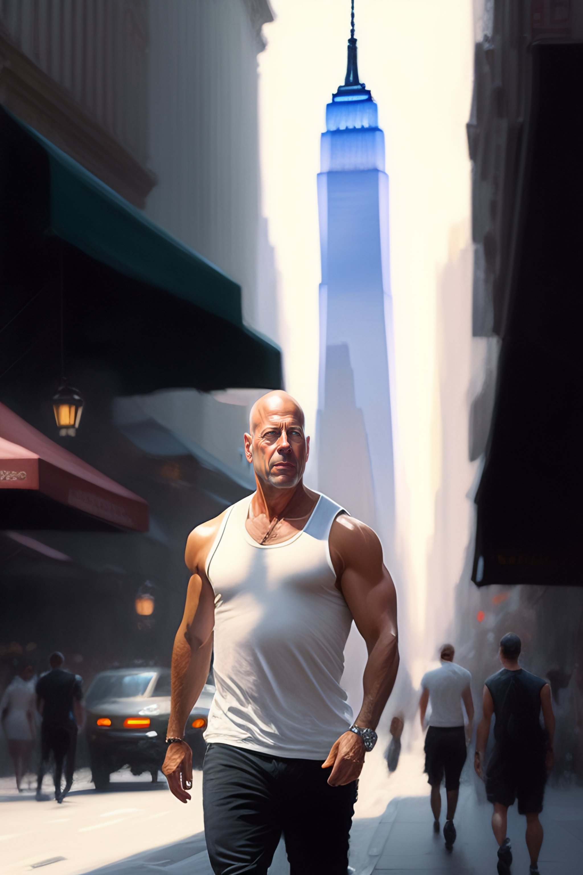 Lexica - Bruce willis, in white tank top, new york street scene, art by ...