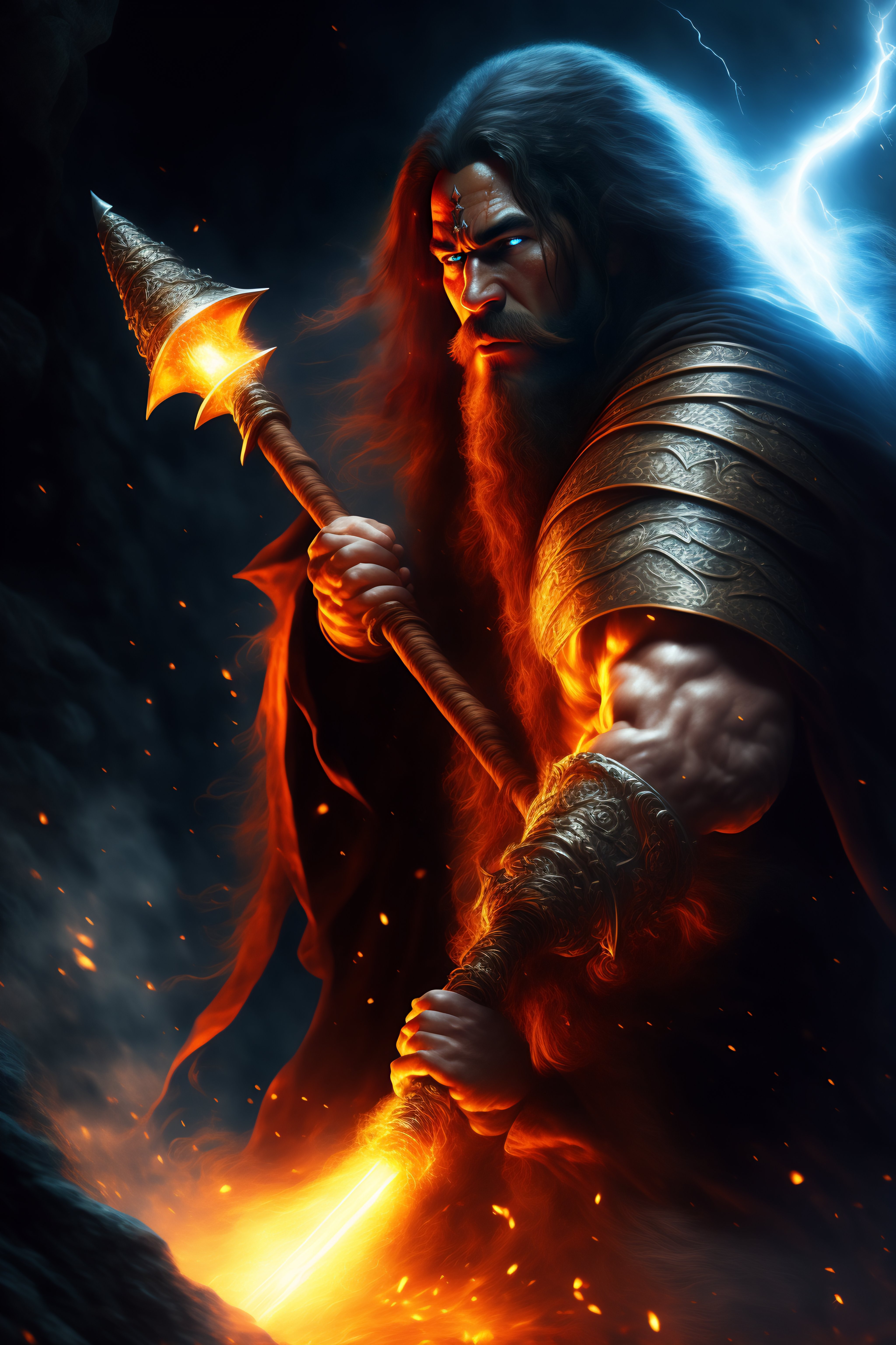 Lexica - Wizard with a staff fightning with orcs inside a cave ...