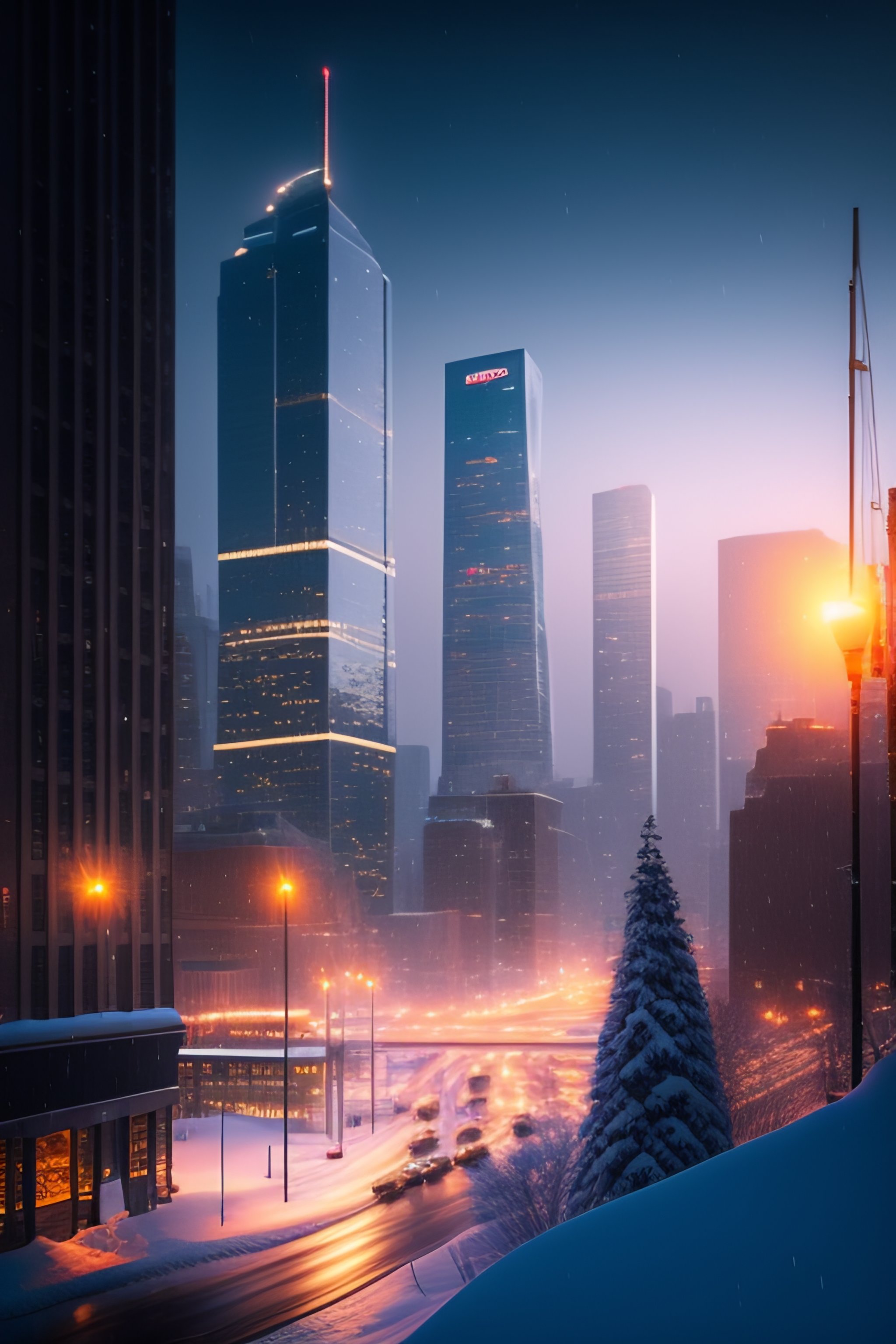 Lexica - Beautiful cityscape, snow cold weather, evening lighting, 35mm ...