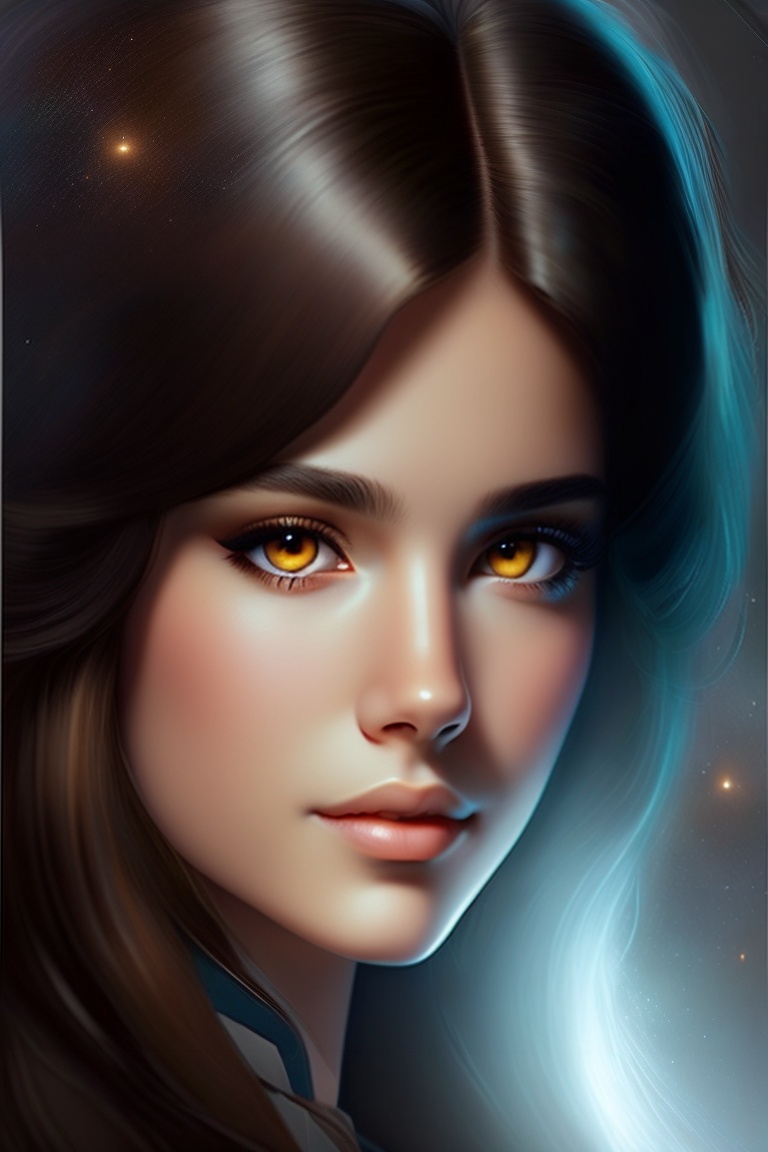 Lexica - Big, sleepy honey-colored eyes... long, round, dark brown hair ...