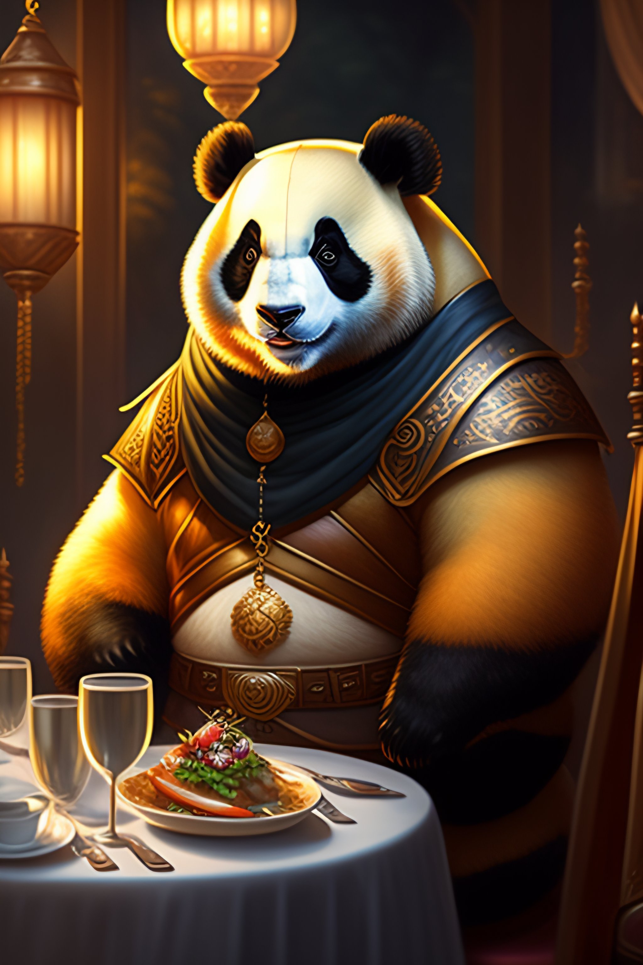 Lexica - A portrait an anthropomorphic rich panda is having lunch at an ...
