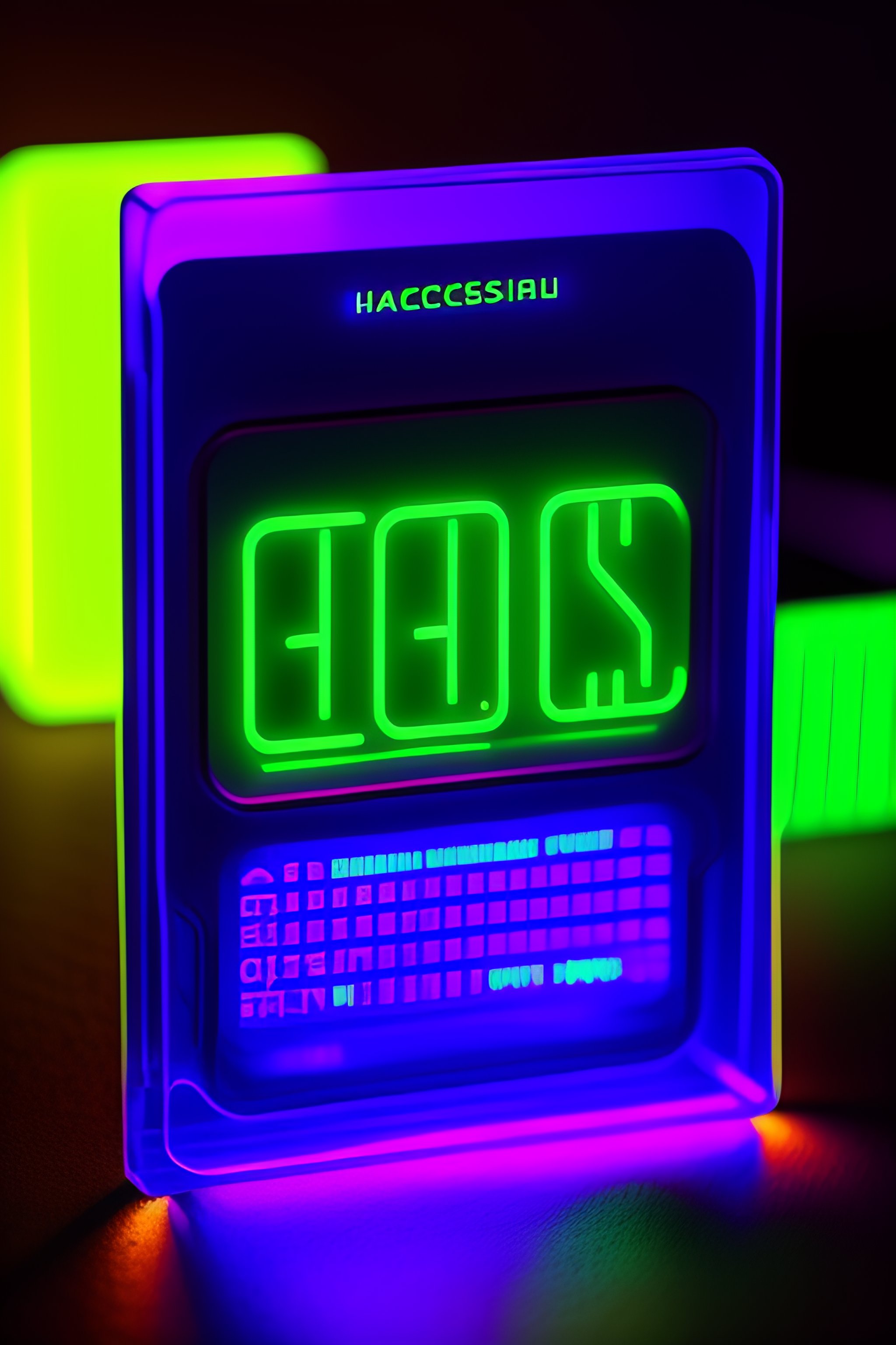 Lexica - An access card made of neon purple glass that has "Hacker Pass ...
