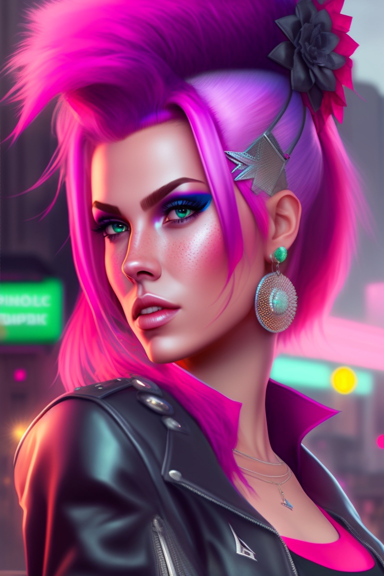Lexica - Pink haired punk rocker realistic, city in back ground, feme ...