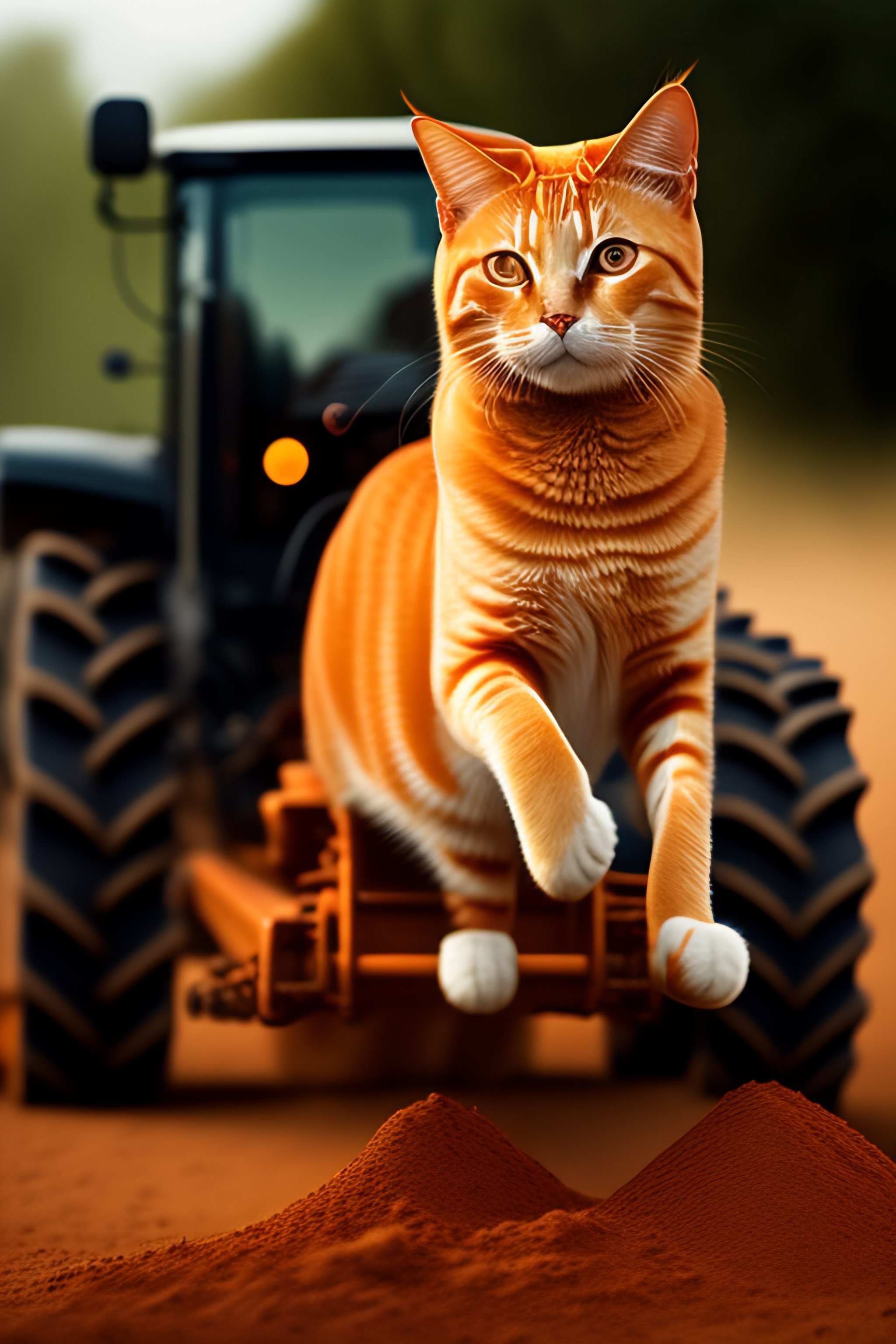 Lexica - An orange tabby cat driving a tractor