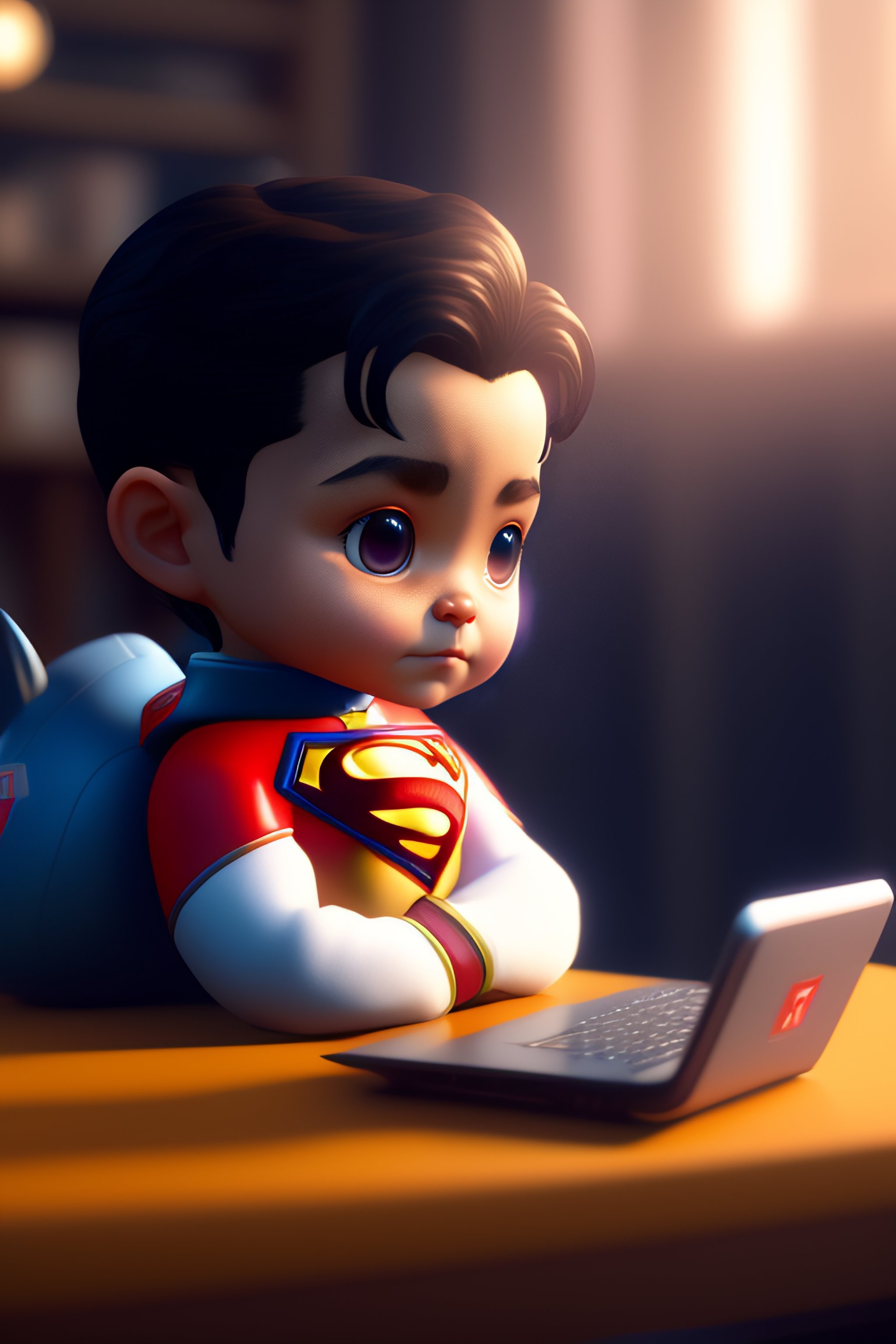 Lexica - Cute small humanoid superman sitting in front of laptop ...