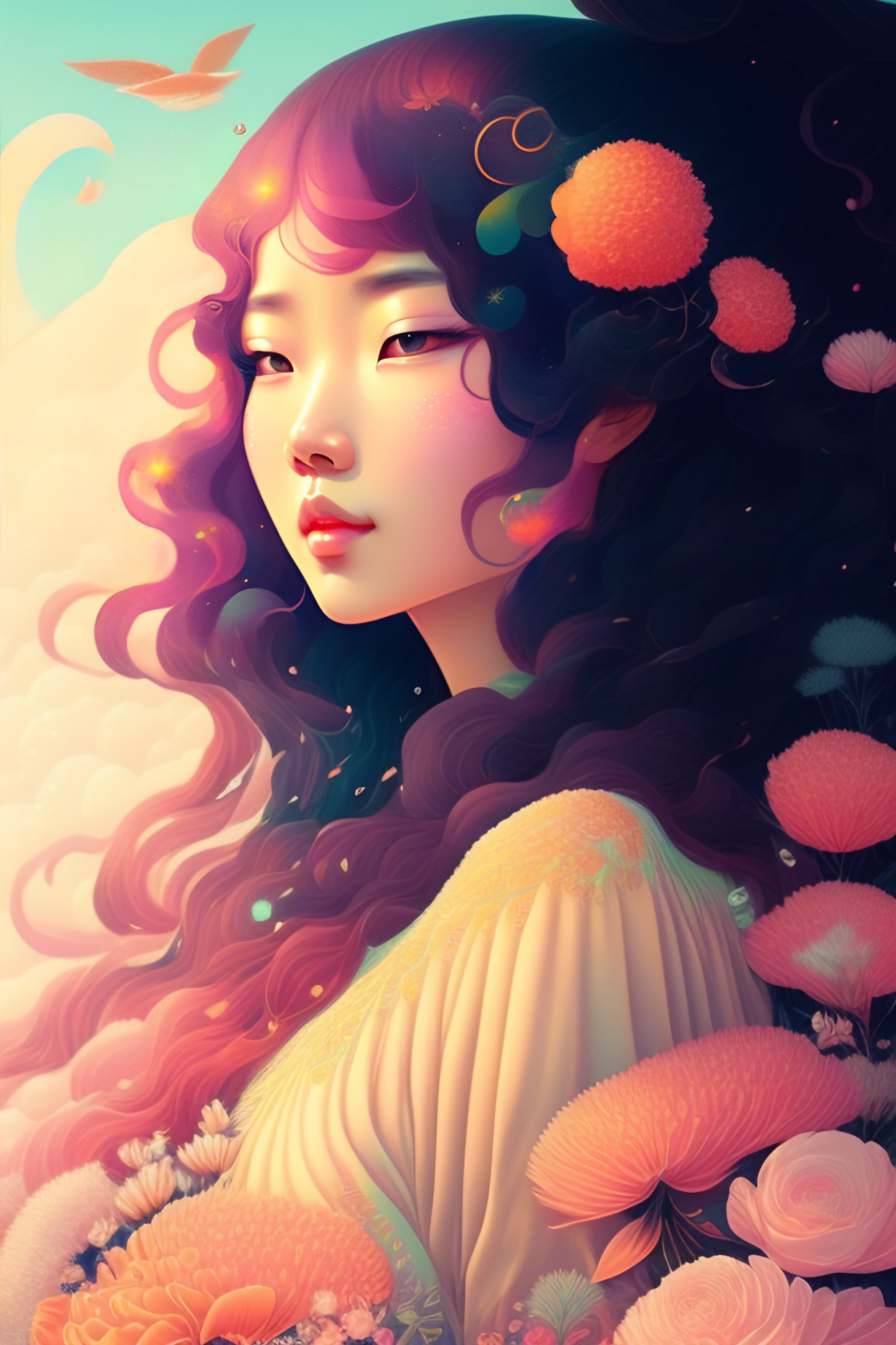 Lexica - Beautiful cute portrait Korean ninfa, big long curly hair ...