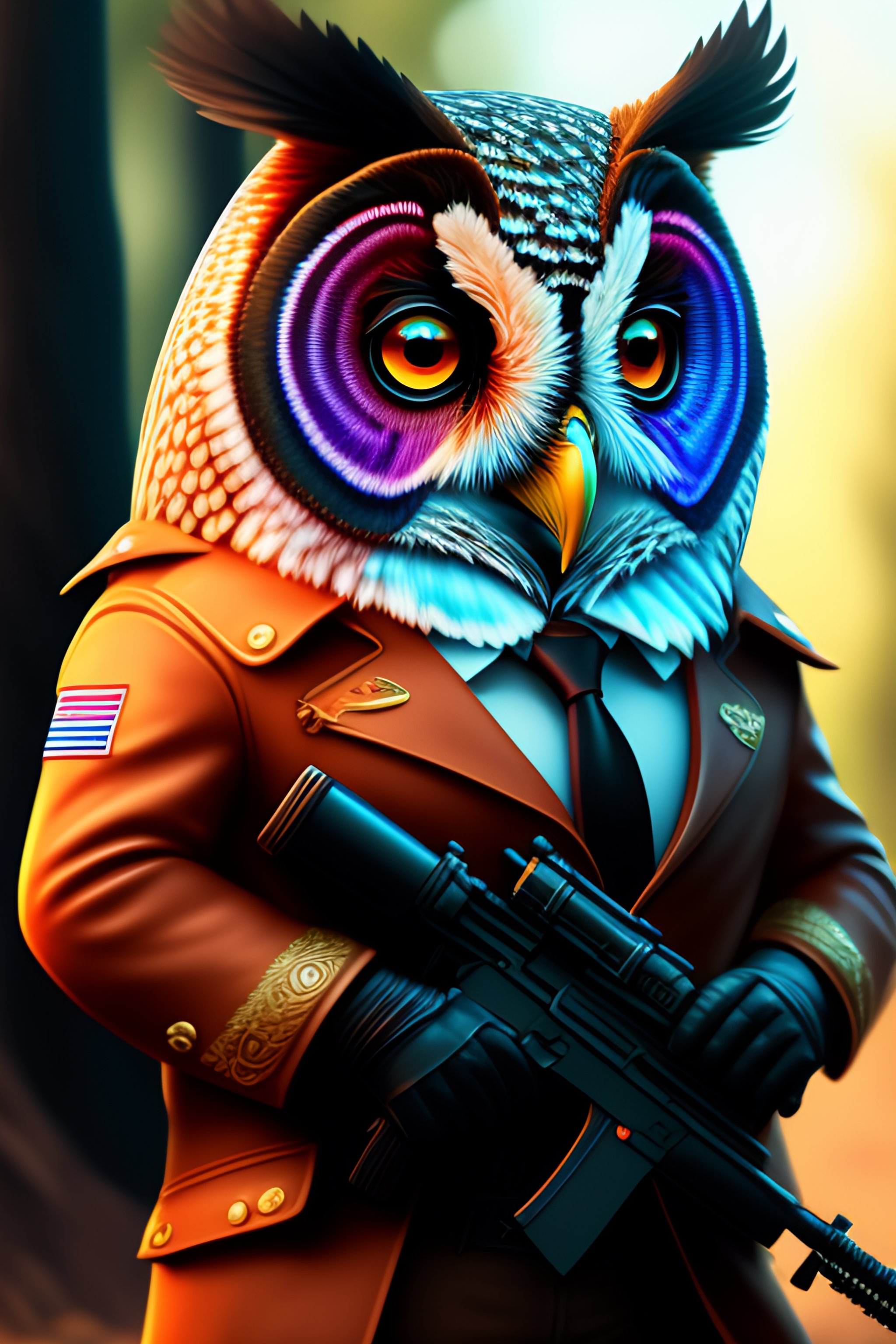 Lexica - Cool owl, (holding a gun:1.6), sunglasses, tailored costume ...