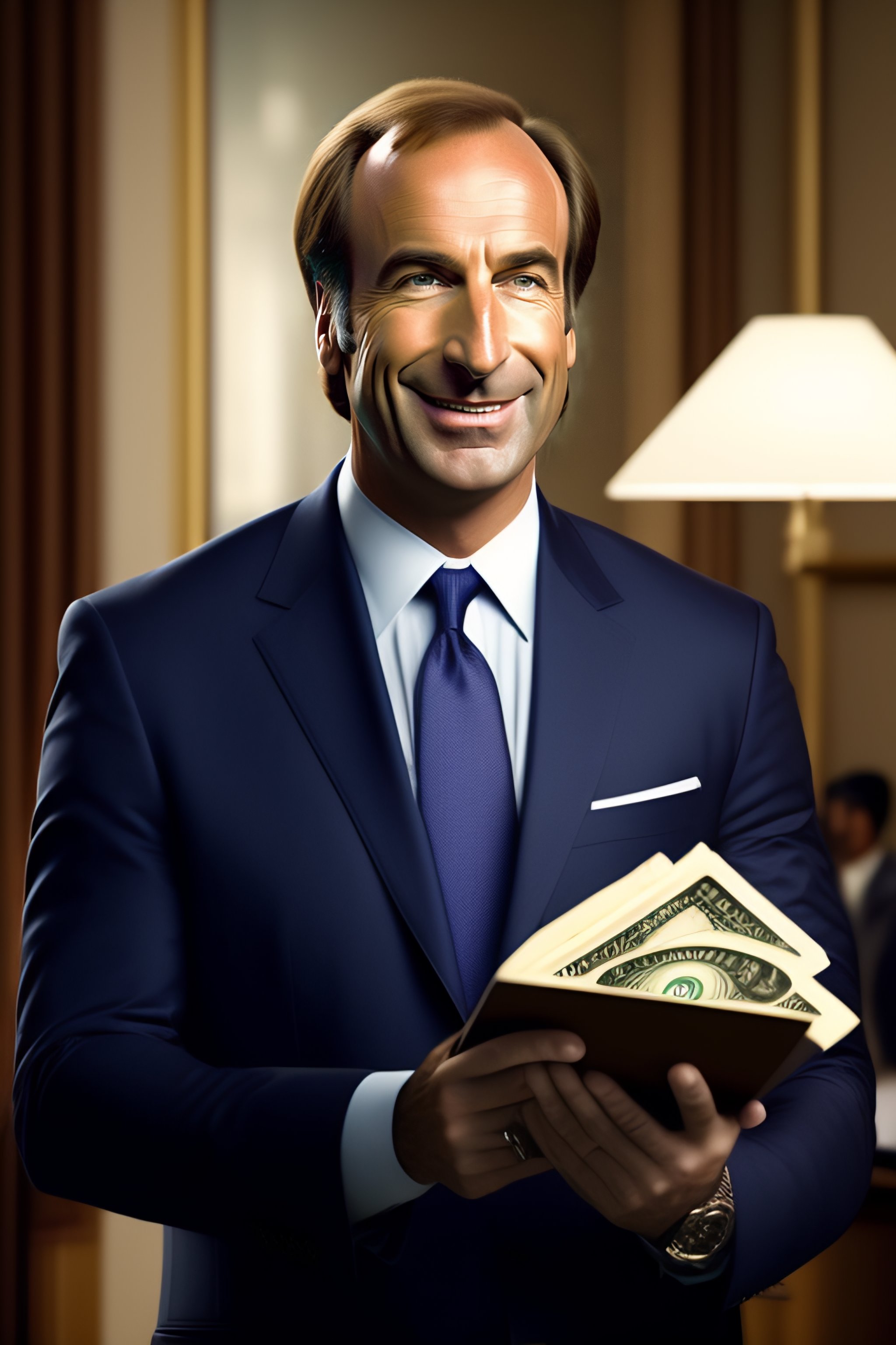 Lexica - Saul Goodman talking to the camera with money in office ...
