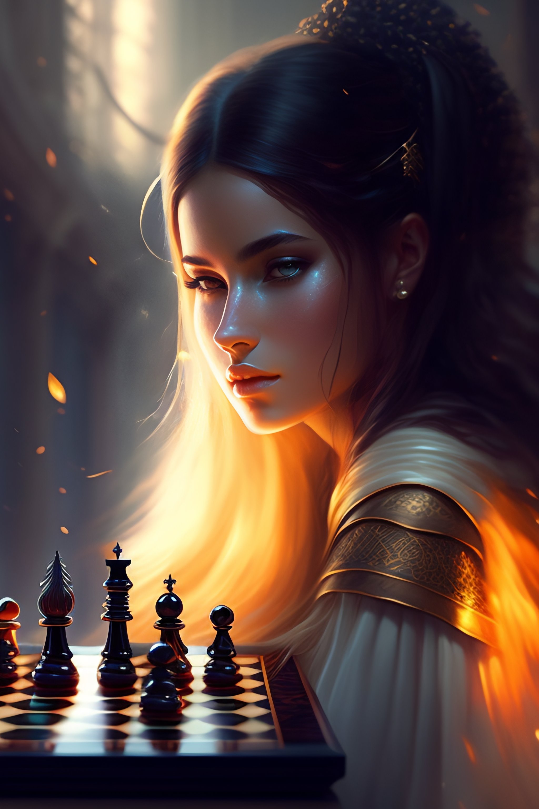Lexica - A beautiful girl playing chess, extremely long hair, epic fantasy art by Greg Rutkowski