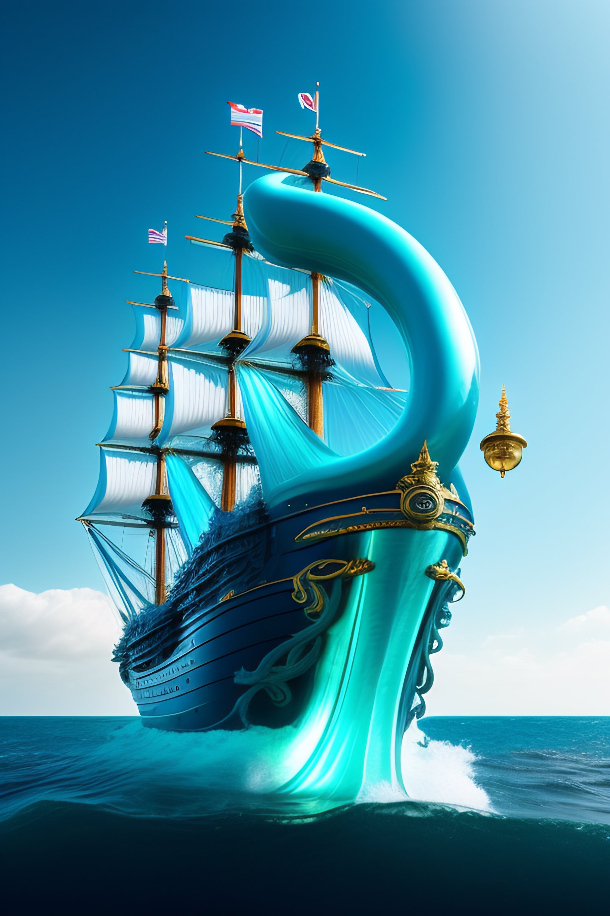 Lexica - An bluish transparent glass statue of a kraken attacking a wokden triple decker ship in ...