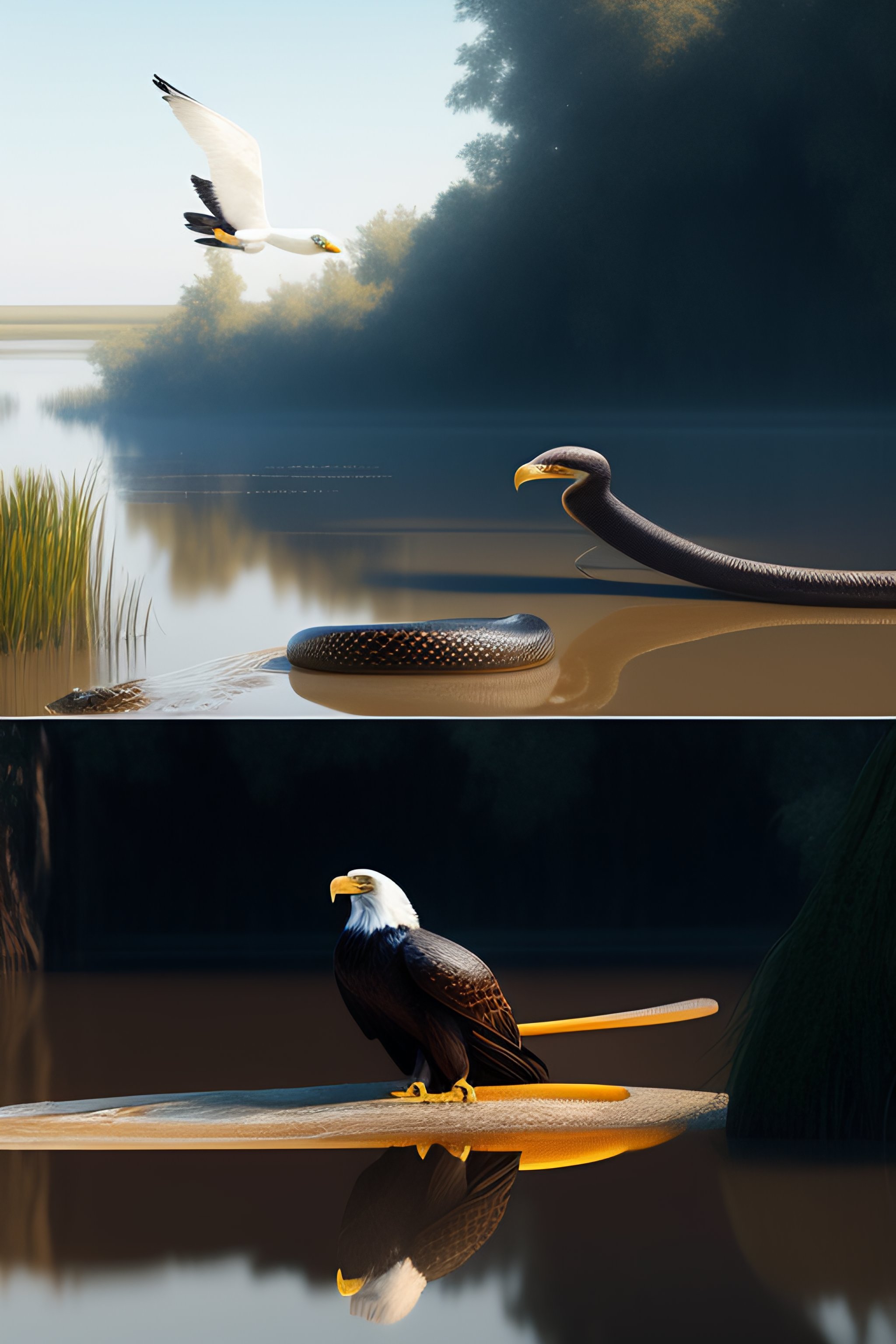 Lexica - Eagle fighting a snake in a swamp, greg rutkowski ...
