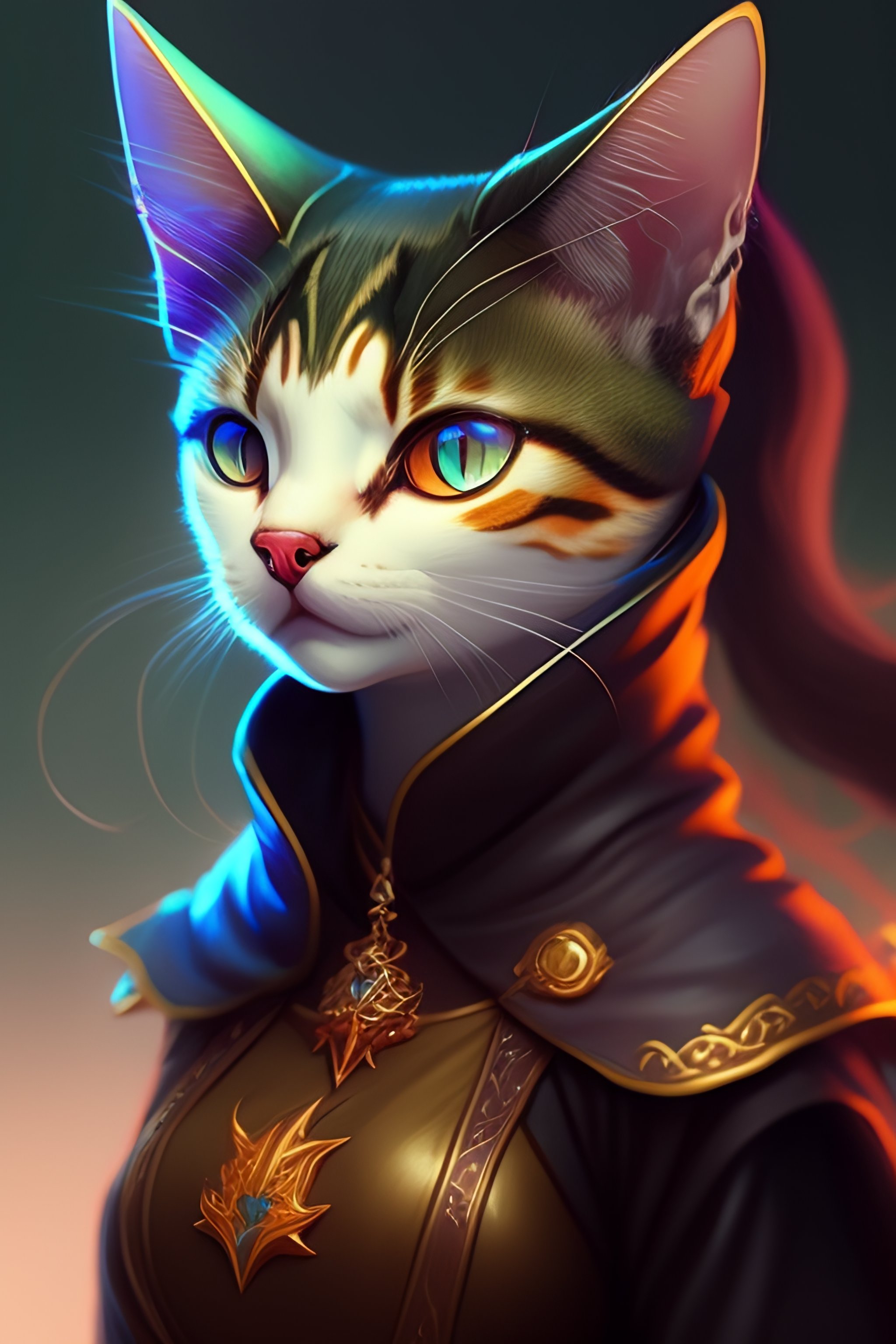 Lexica - Closeup of a cute cat witch with staff cloack and pack, D&D ...